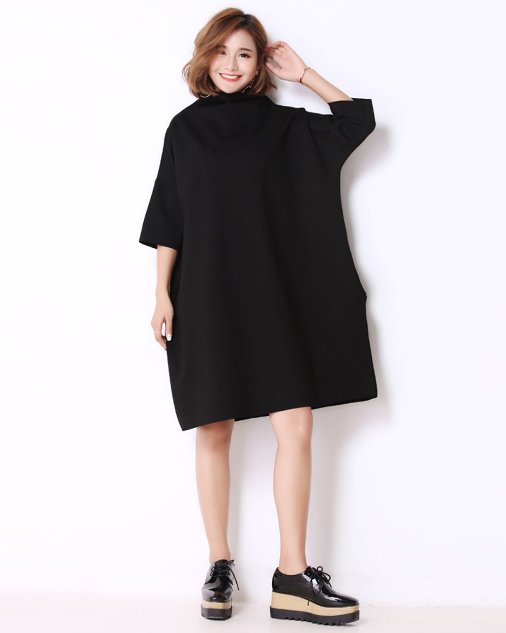 LAI MENG FIVE CATS Women's Casual 3/4 Sleeve Turtleneck Oversized Loose Sweatshirt Pullover Top ONE Size Black
