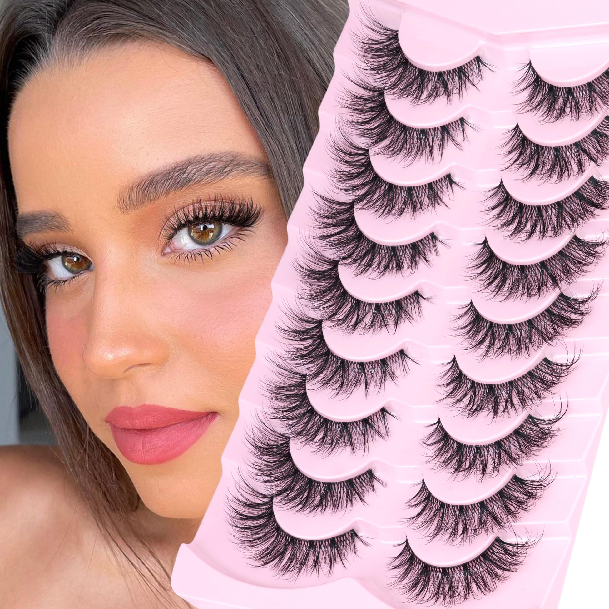 Newcally False Lashes, 9 Pairs Cat Eye False Eyelashes, Wispy Eyelashes, Faux Mink False Eyelashes, 3D Volume Lashes Strips, Handmade Cotton Thin Lash Band, Vegan, Cruelty Free
