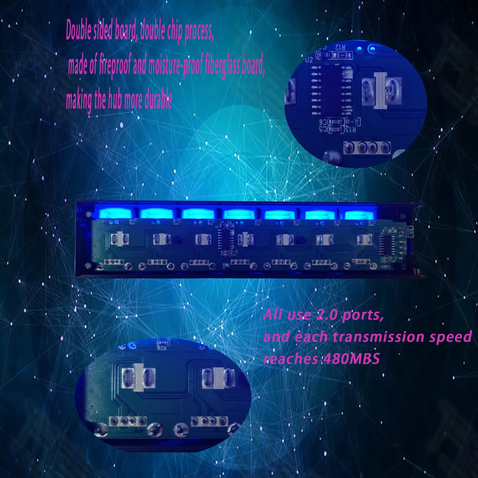 USB Splitter Multi Port USB 2.0 Hub, 7 Port with Independent On/Off Switch and LED Indicators USB A Port Data Hub, Suitable for PC Computer Keyboard Laptop Mobile HDD, Flash Drive Camera Etc