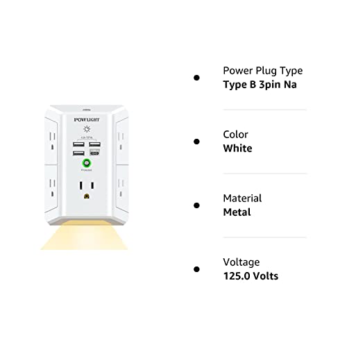 Outlet Extender with Night Light, USB Wall Charger, POWLIGHT 5-Outlet Surge Protector Power Strip with 4 USB Ports, 1680 Joules Multi Plug Outlet with Spaced Outlets for Home, Office, White