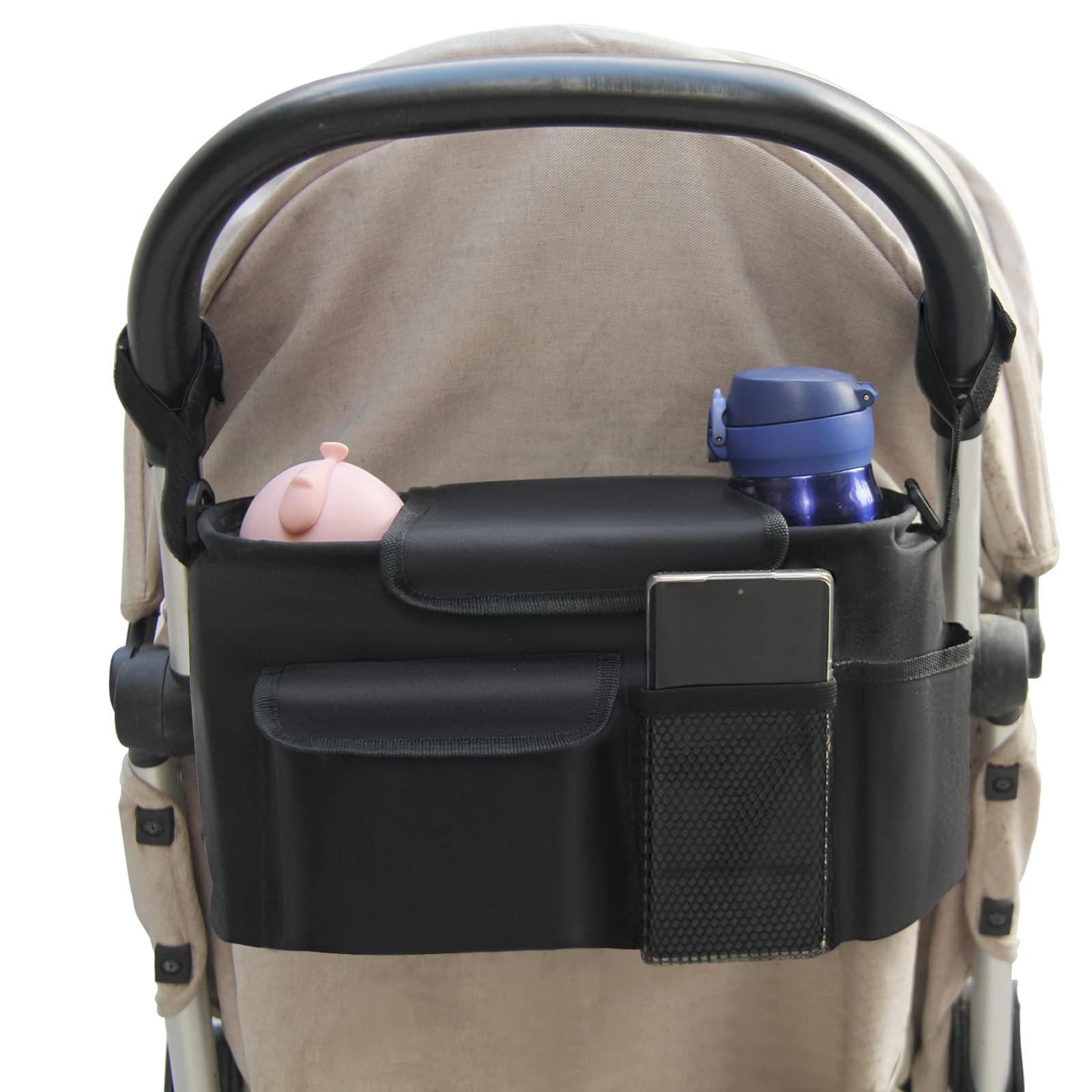Universal Baby Stroller Organizer with Cup Holder, MOXIV Stroller Storage Caddy Bag with Adjustable Shoulder Strap, Large Capacity for Baby Essentials, Compact Design Fits Most Strollers(Black)