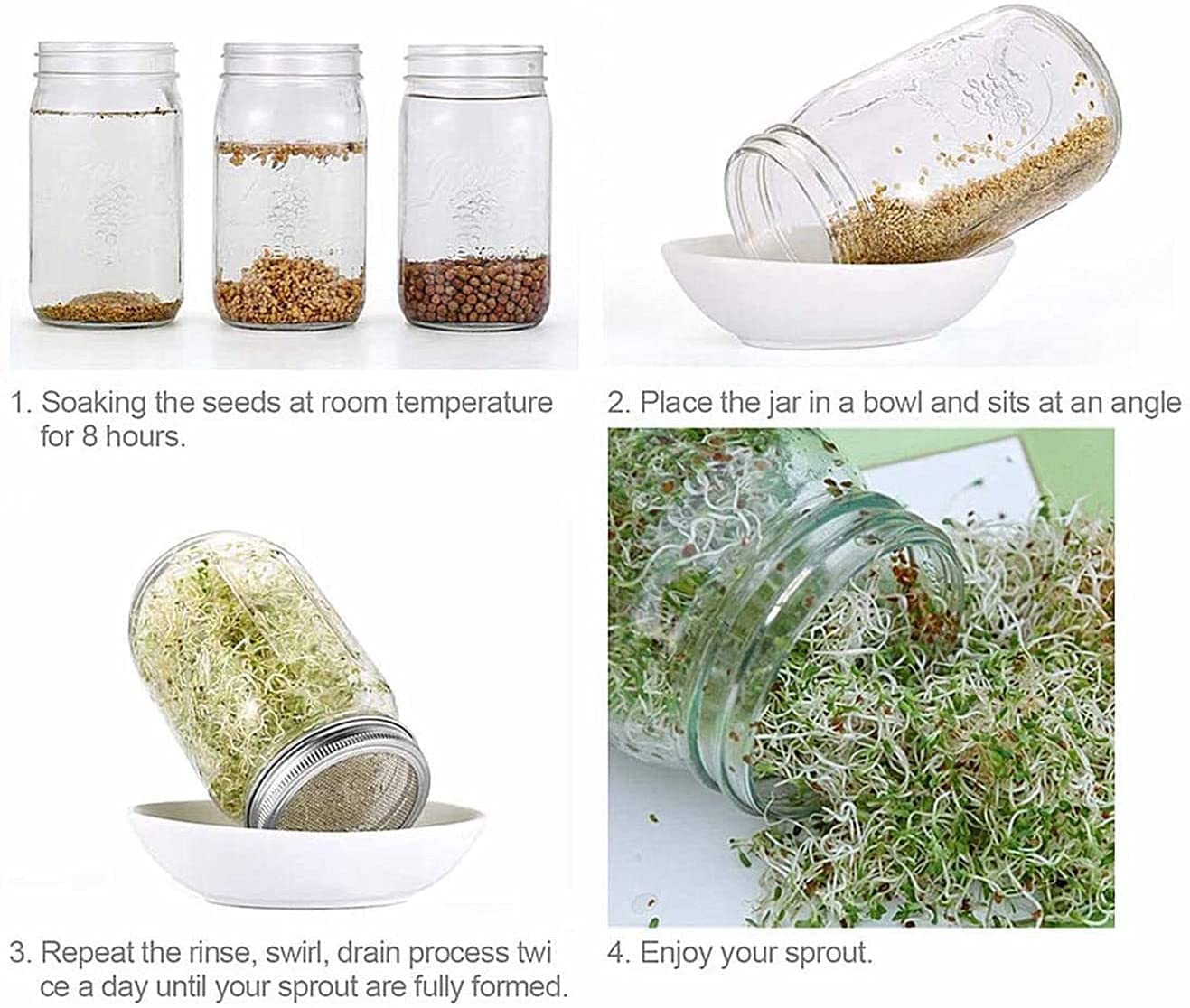 One-Piece 316 Stainless Steel Mesh Sprouting Lids Wide Mouth Mason Jar Strainer Lid for Mason Canning Jars Seed Sprouting Salad Sprouts Strainer Mesh Lids 4 Pack - Rust Proof