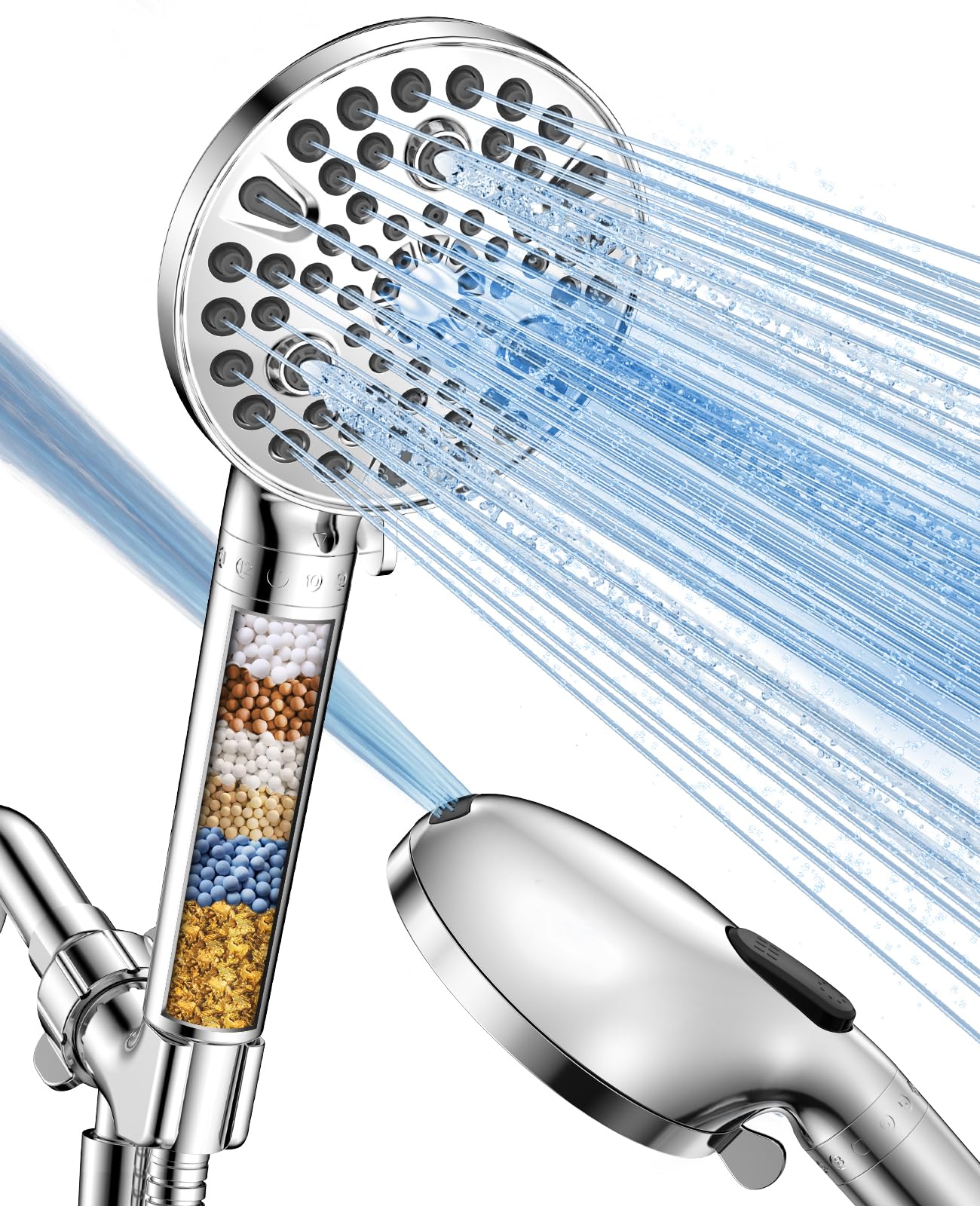 MakeFit Handheld Shower Head with Filter - High Pressure Shower Head with 10 Spray Modes, Hard Water Softener Showerhead with Hose, Bracket and Shower Filters to Remove Chlorine and Heavy Metals