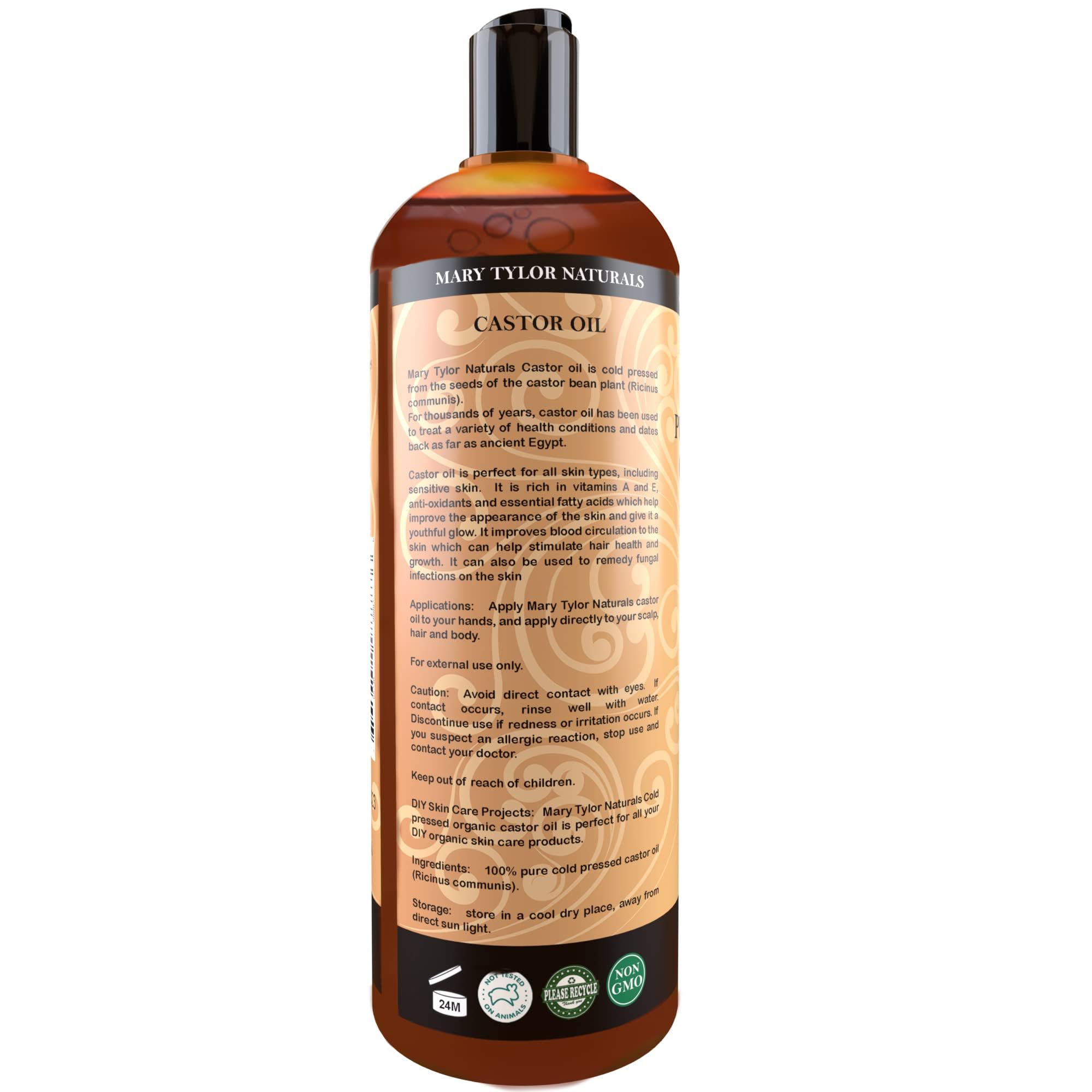 Mary Tylor Naturals Organic Castor Oil 16 oz โ USDA Certified Cold Pressed, Hexane Free, 100% Pure and Natural