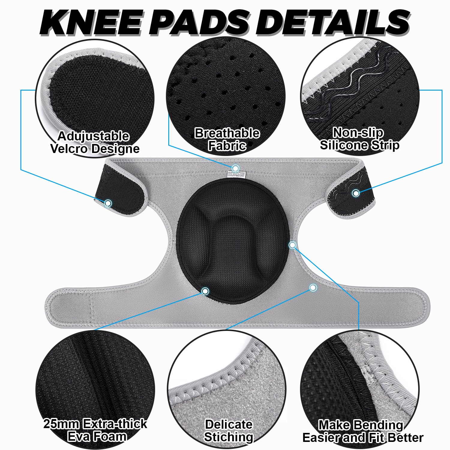 Monbessi Knee Pads for Gardening, Upgrade 25MM Thick EVA Knee Protecor for House Cleaning, Men Construction Work, Carpet, Roofing, Flooring Kneepads