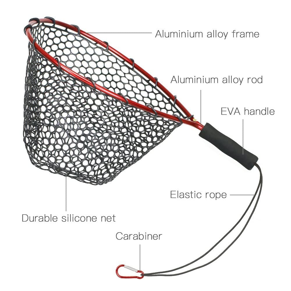 MengK Fishing Net Soft Silicone Fish Landing Net Aluminium Alloy Pole EVA Handle with Elastic Strap and Carabiner Fishing Nets Tools Accessories for Catching Fishes