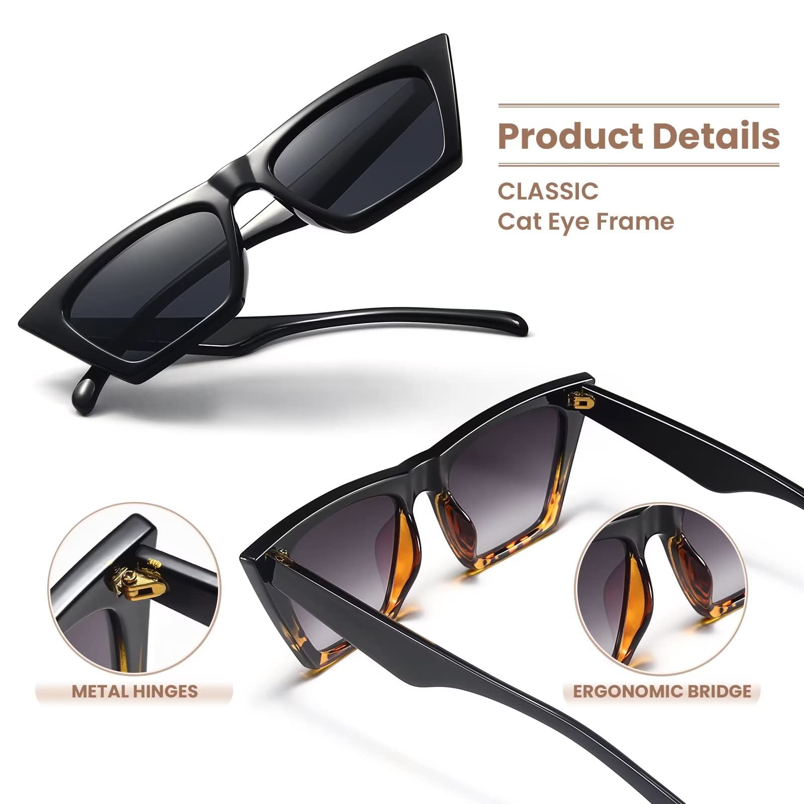 racico Trendy Cat Eye Sunglasses Women - 2 pack Vintage Oversized Cateye Style Square Sun Glasses Women Men