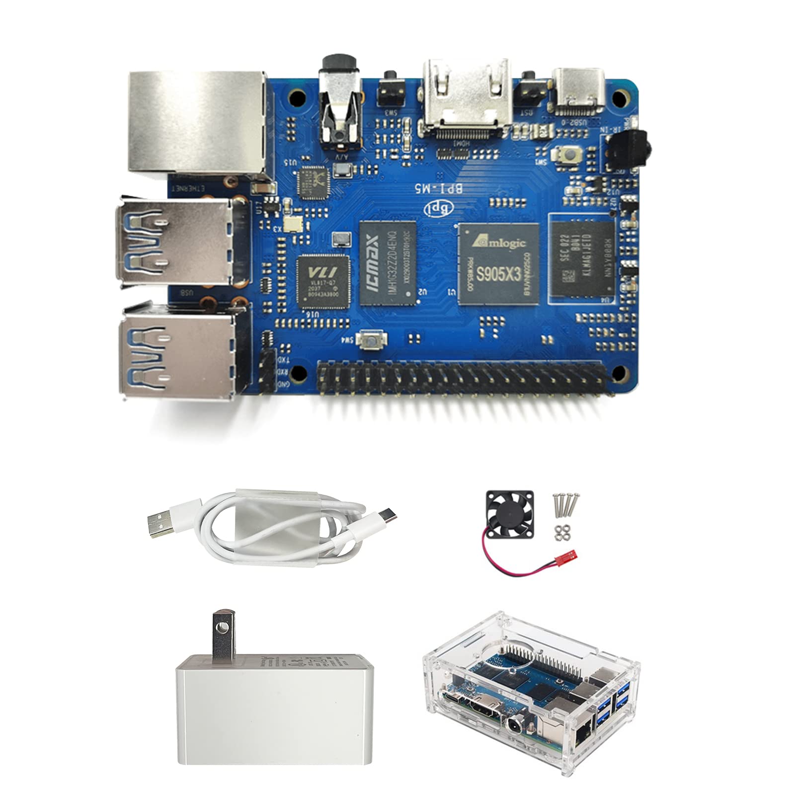 youyeetoo Banana Pi BPI-M5 Amlogic S905X3 Single Board Computer with 4GB RAM and 16G eMMC for AIOT Support Android Debian Raspberry Pi Replacement (with Power,case,Fan)