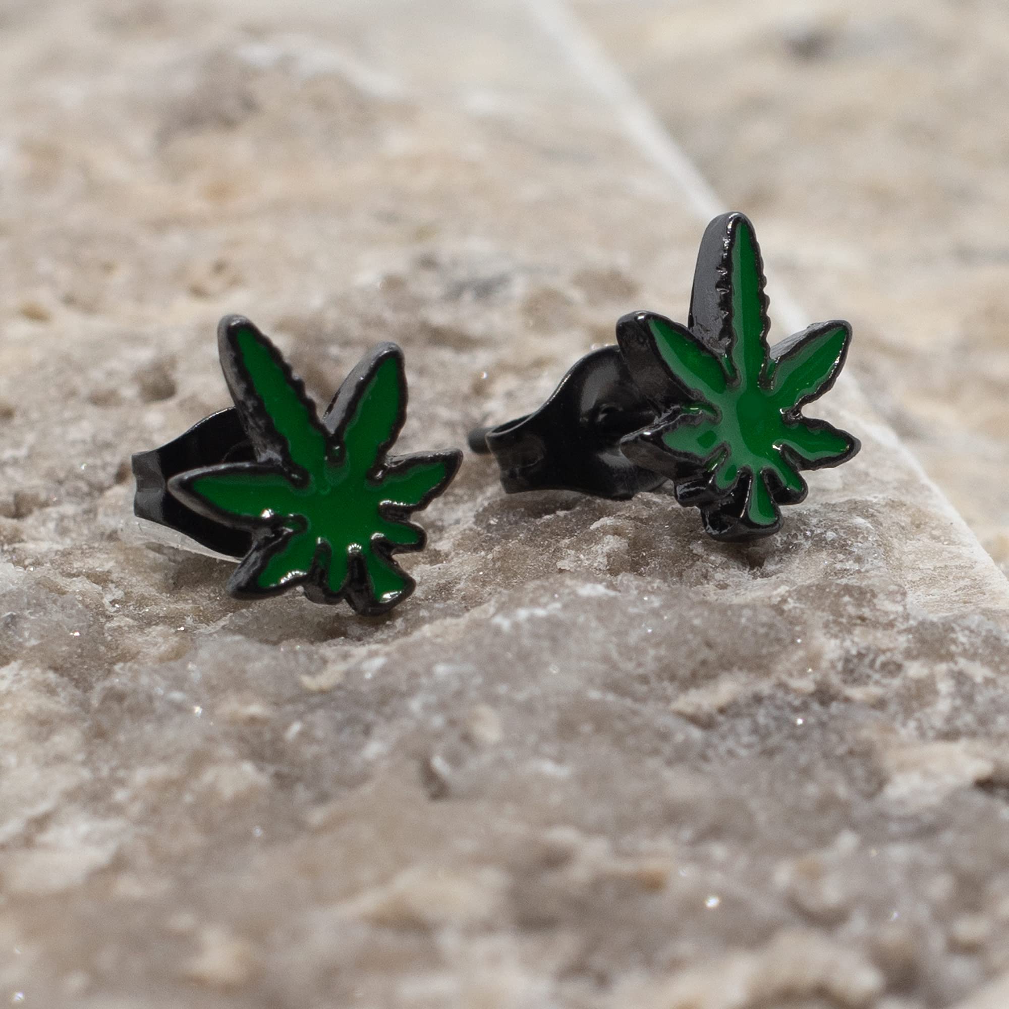 Pierce2GO Stud Earrings 316L Stainless Steel Anodized Black Ear Studs with Green Marijuana Leaf Pendant Earrings Studs for Women and Men β Marijuana Stud Earrings Set of 2