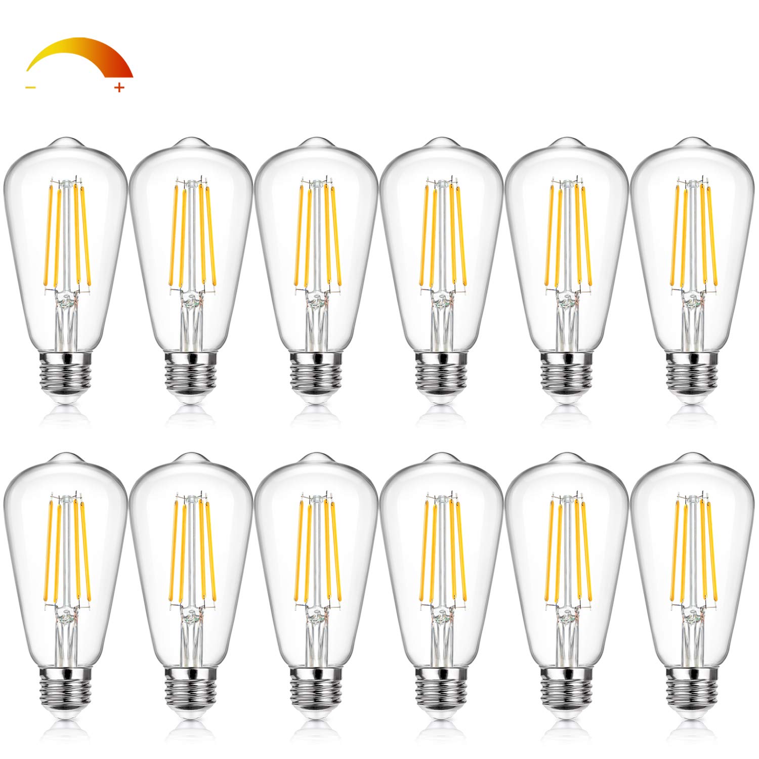 Lakumu 12-Pack Dimmable Vintage LED Edison Bulbs Equivalent 60W Incandescent, 7W Warm White 2700K ST58 Antique LED Filament Bulbs with E26 Medium Base, Super Brightness 850LM, Clear Glass
