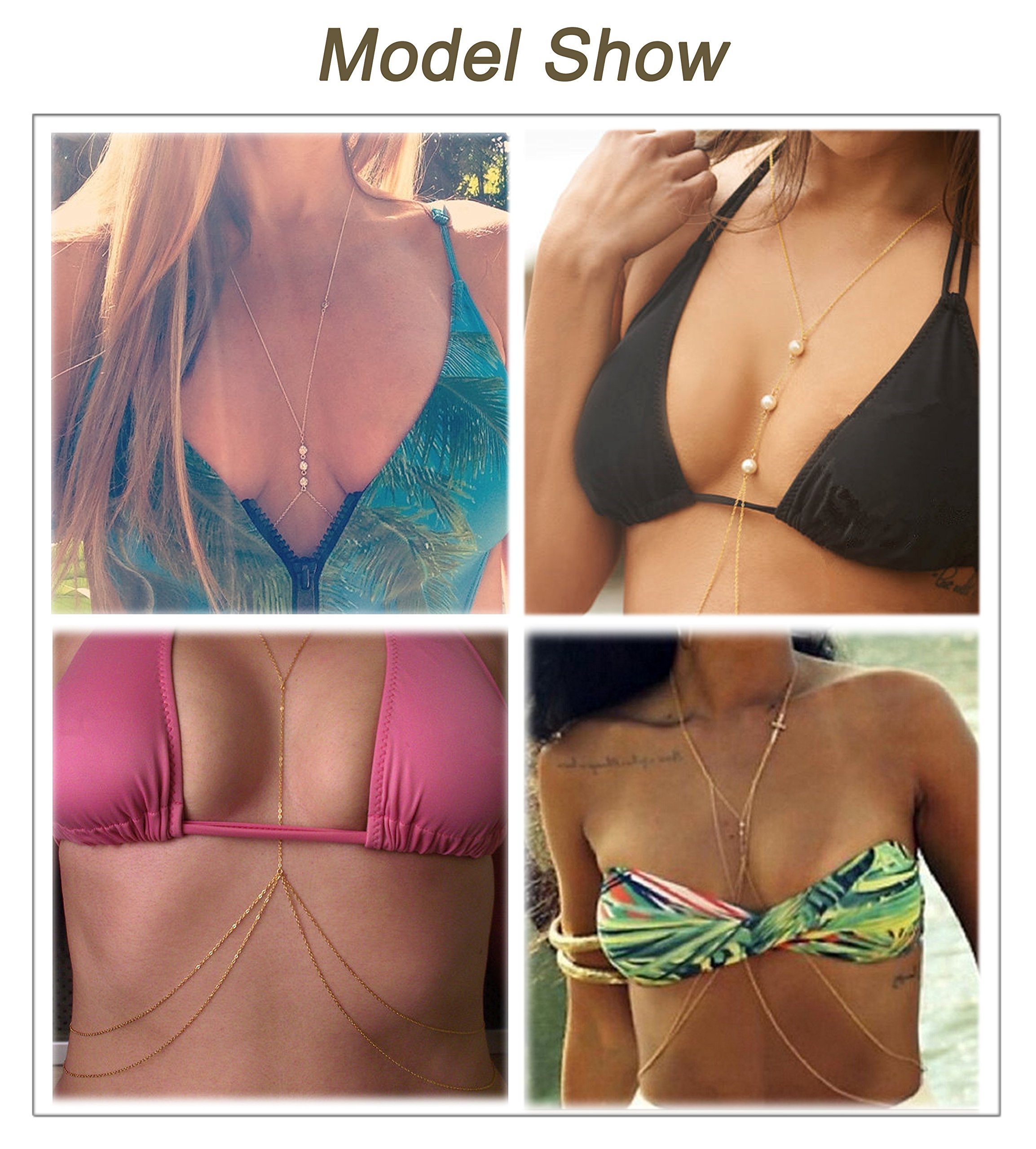 Masedy 4Pcs 18K Gold-plated Sexy Crossover Body Belly Chains Necklace Bikini Beach Body Jewelry Gold