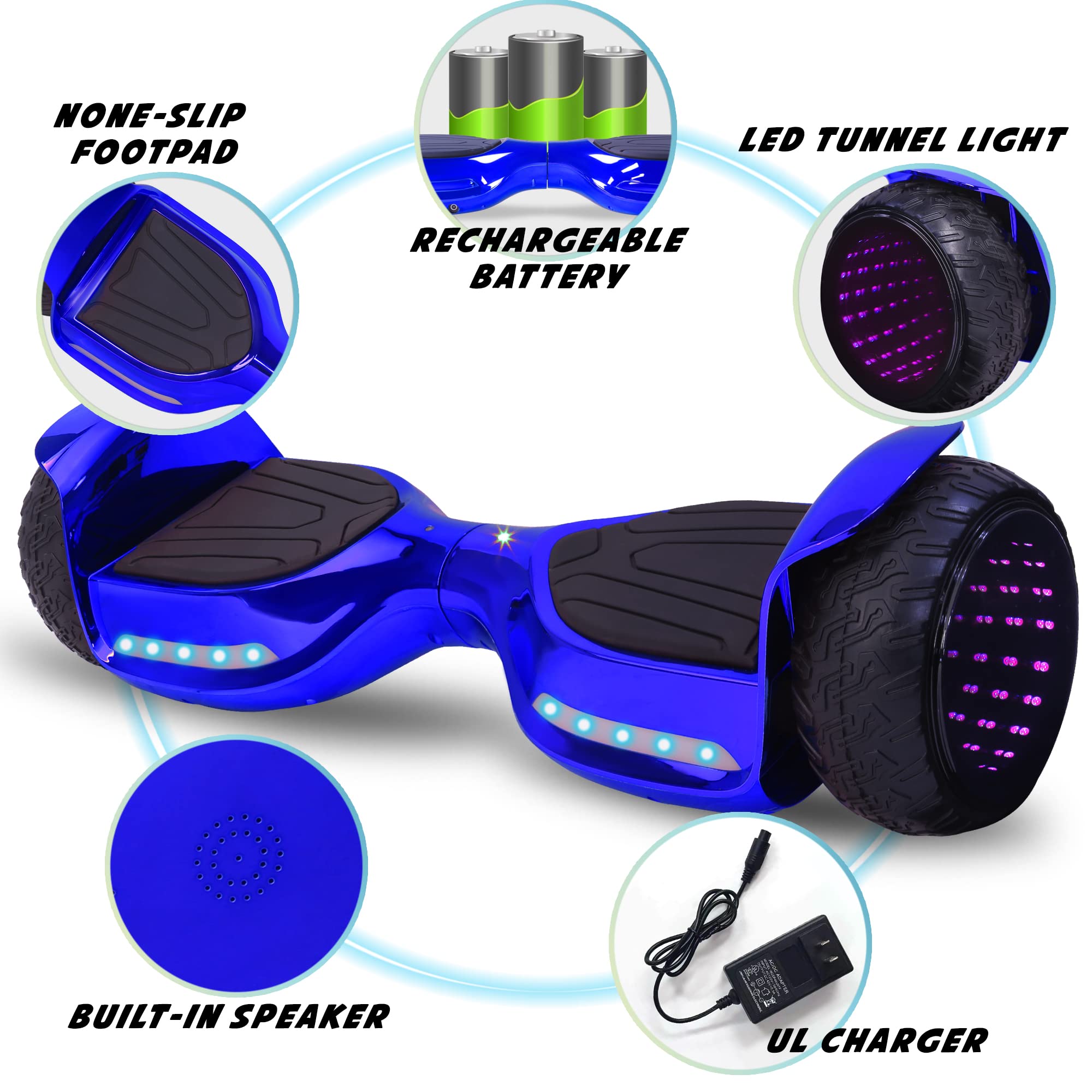 Newest Generation Electric Hoverboard Dual Motors Two Wheels Hoover Board Smart Self Balancing Scooter with Built-in Speaker LED Lights for Adults Kids Gift (Chrome Blue)
