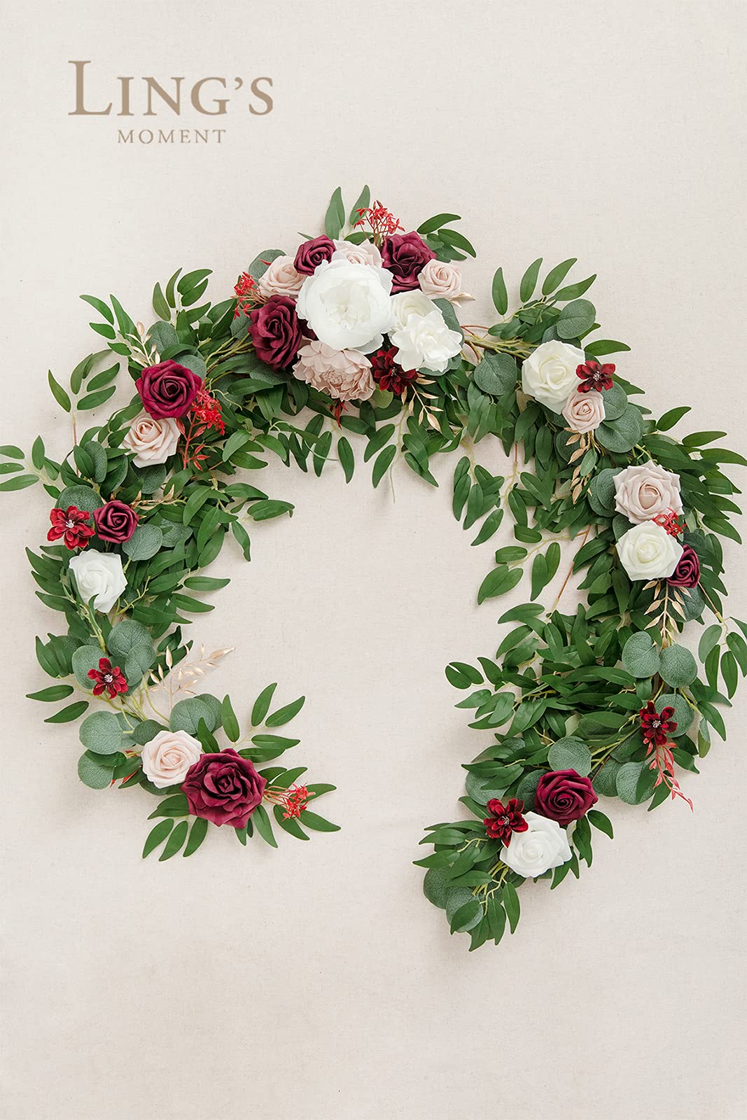 Ling's Moment Eucalyptus Garland with Flowers 6FT,Table Runner with Flowers Marsala Mantle Decor Handcrafted Wedding Centerpieces for Rehearsal Dinner Bridal Shower | Marsala