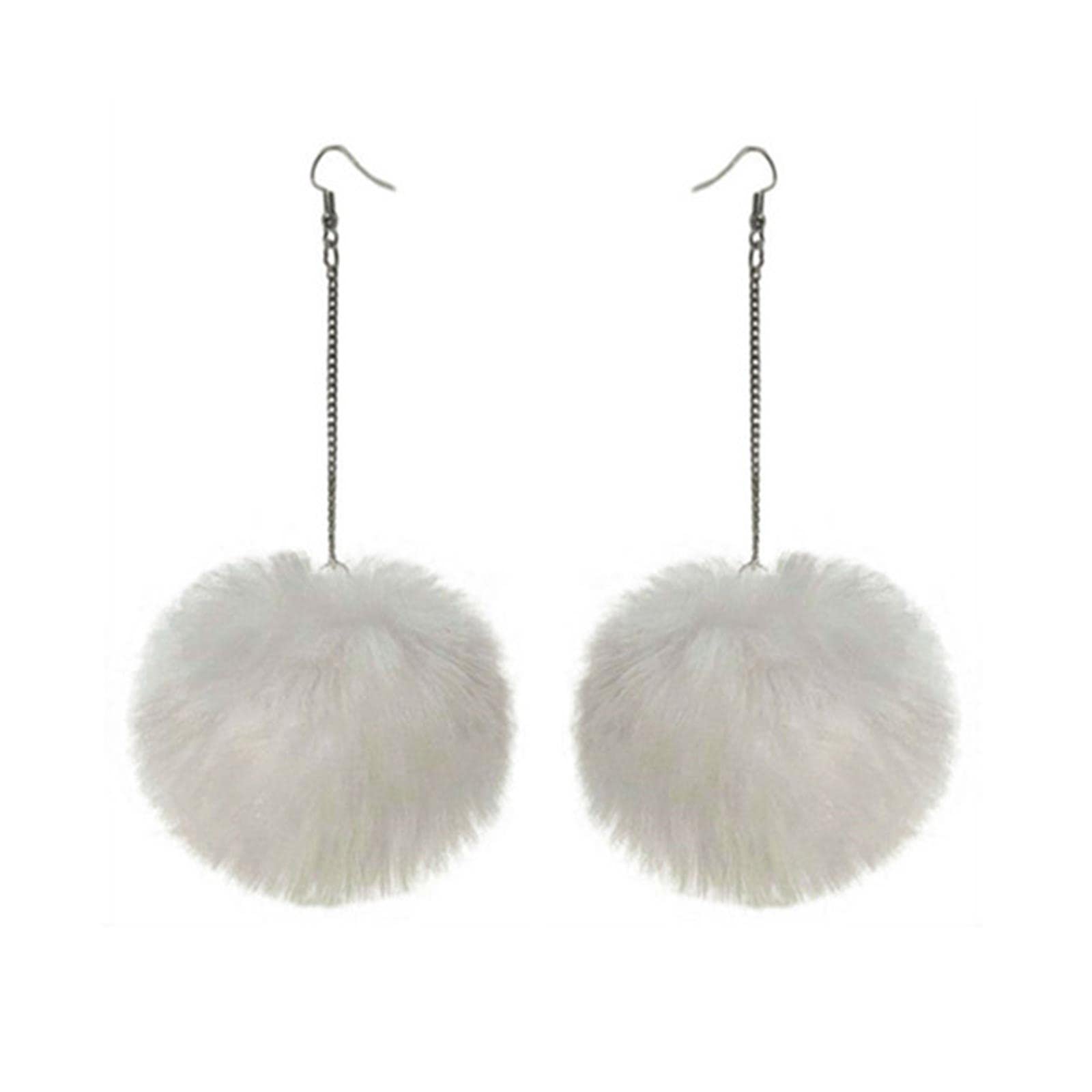 Pom Pom Earrings Colorful Faux Fur Fluffy Ball Earrings Handmade Soft Plush Pom Pom Dangle Drop Earring for Women Winter Jewelry-white