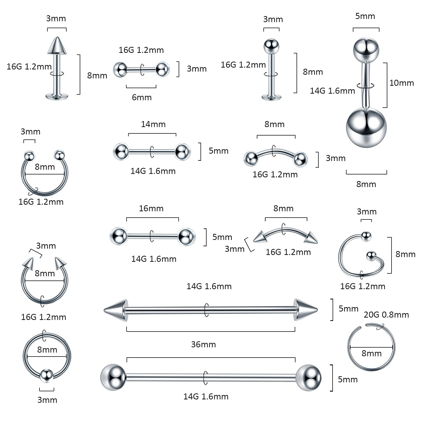 Xpircn Piercing Kit Jewelry 14G 16G 20G Stainless Steel Body Piercing Jewelry, Mixed Piercing Needles