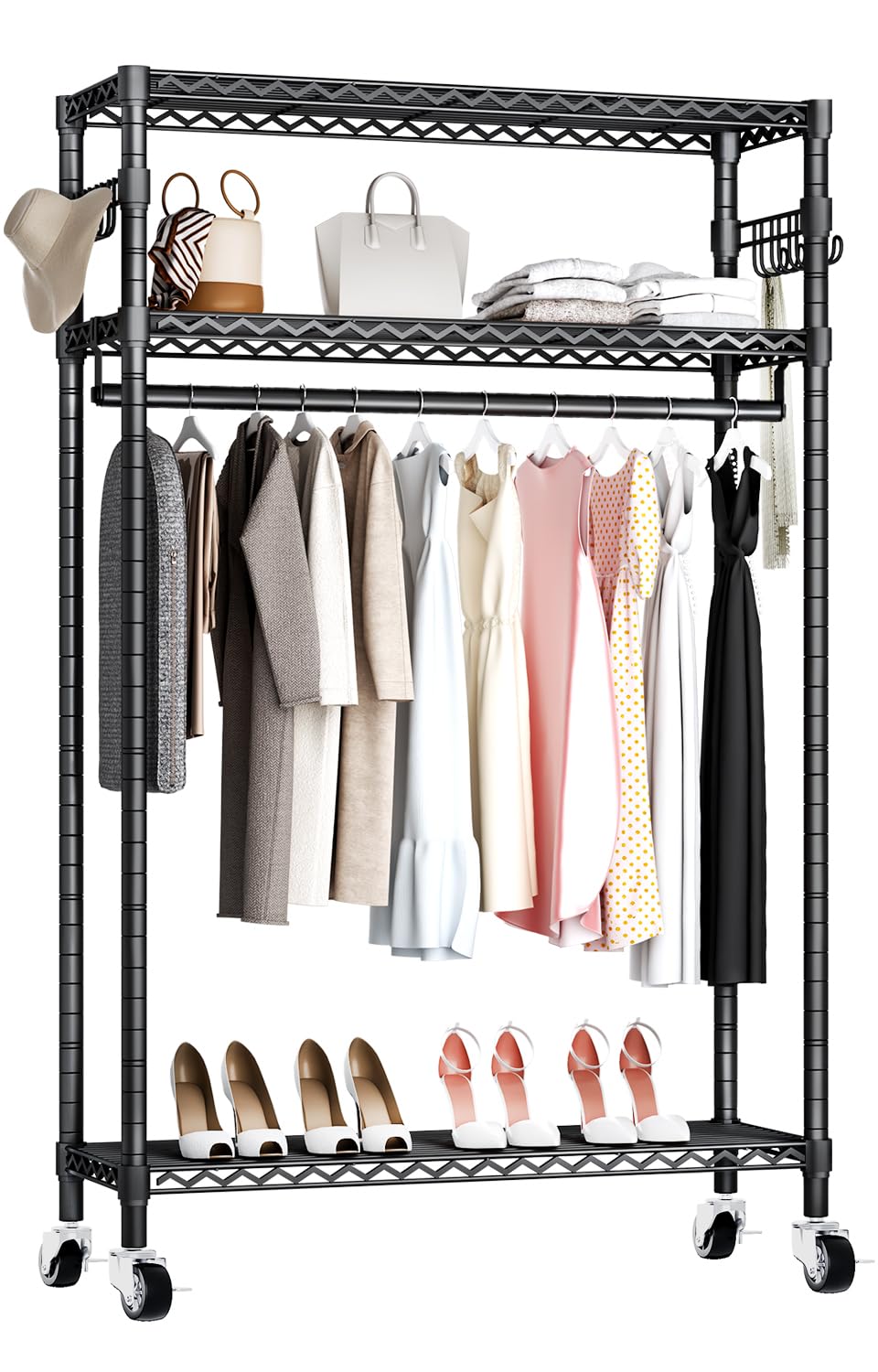 ZERDER Metal Clothing Rack for Closet, Heavy Duty Clothes Rack with 1 Hanging Rods,3 Tiers Shelves and Side Hooks, Freestanding Garment Rack