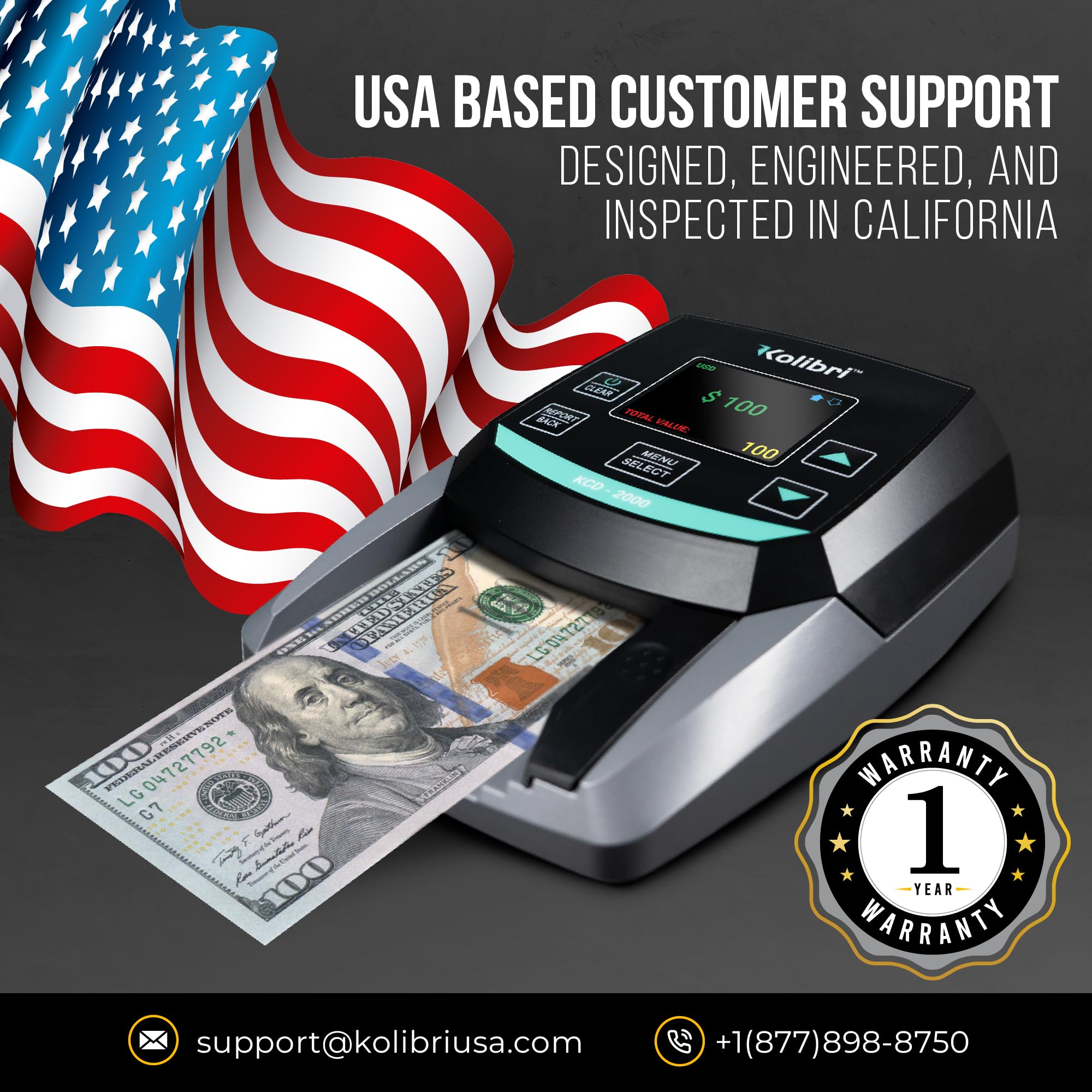 KOLIBRI KCD-2000 Advanced Counterfeit Bill Detector | All-Orientation Counterfeit Detection Bill Counter | Money Counter by Denomination | Detect Fake Bills Fast