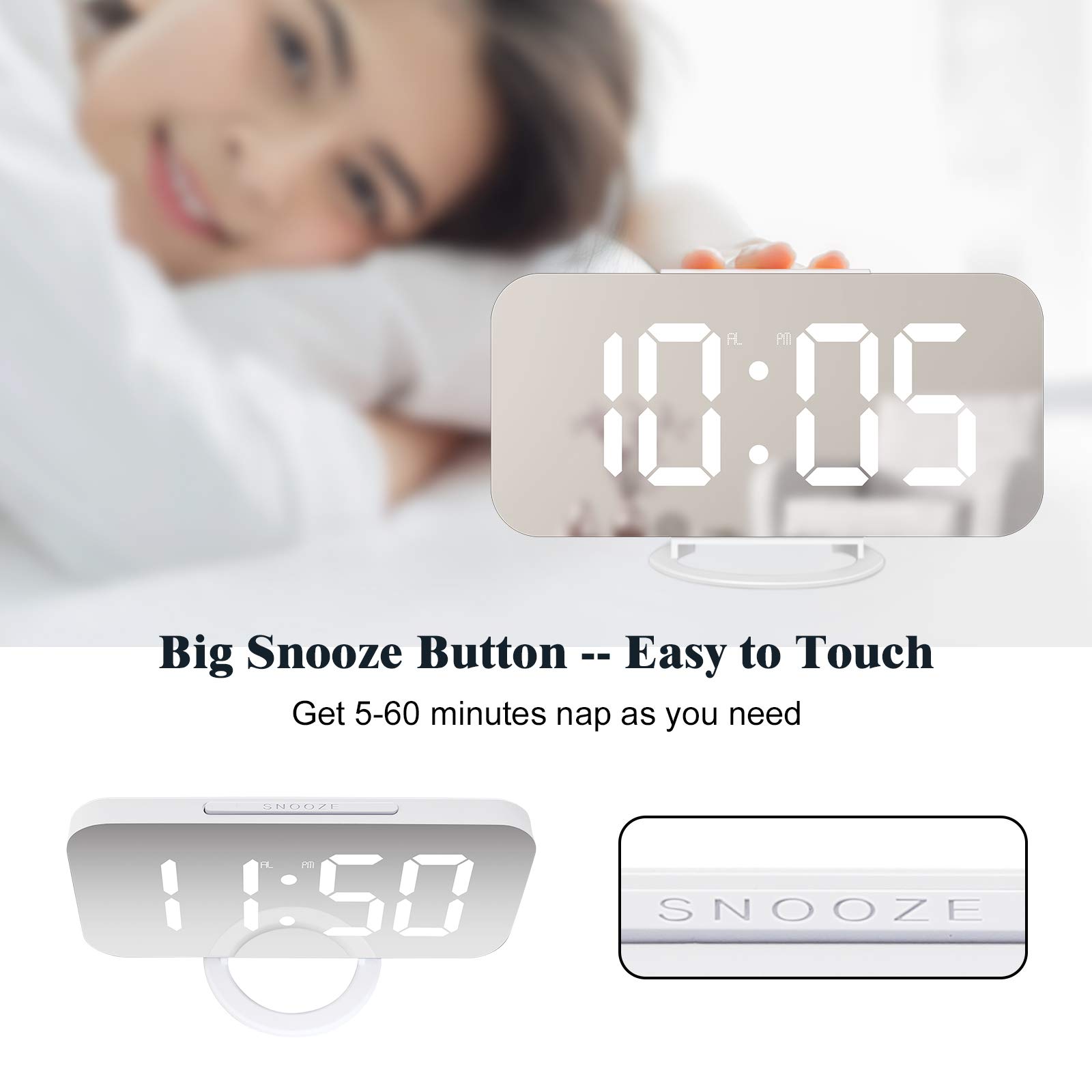 Lamisola Digital Alarm Clock, Large LED Mirror Display, 2 USB Charging Ports,Auto Dim Mode,Modern Design Clock for Bedroom Office, White