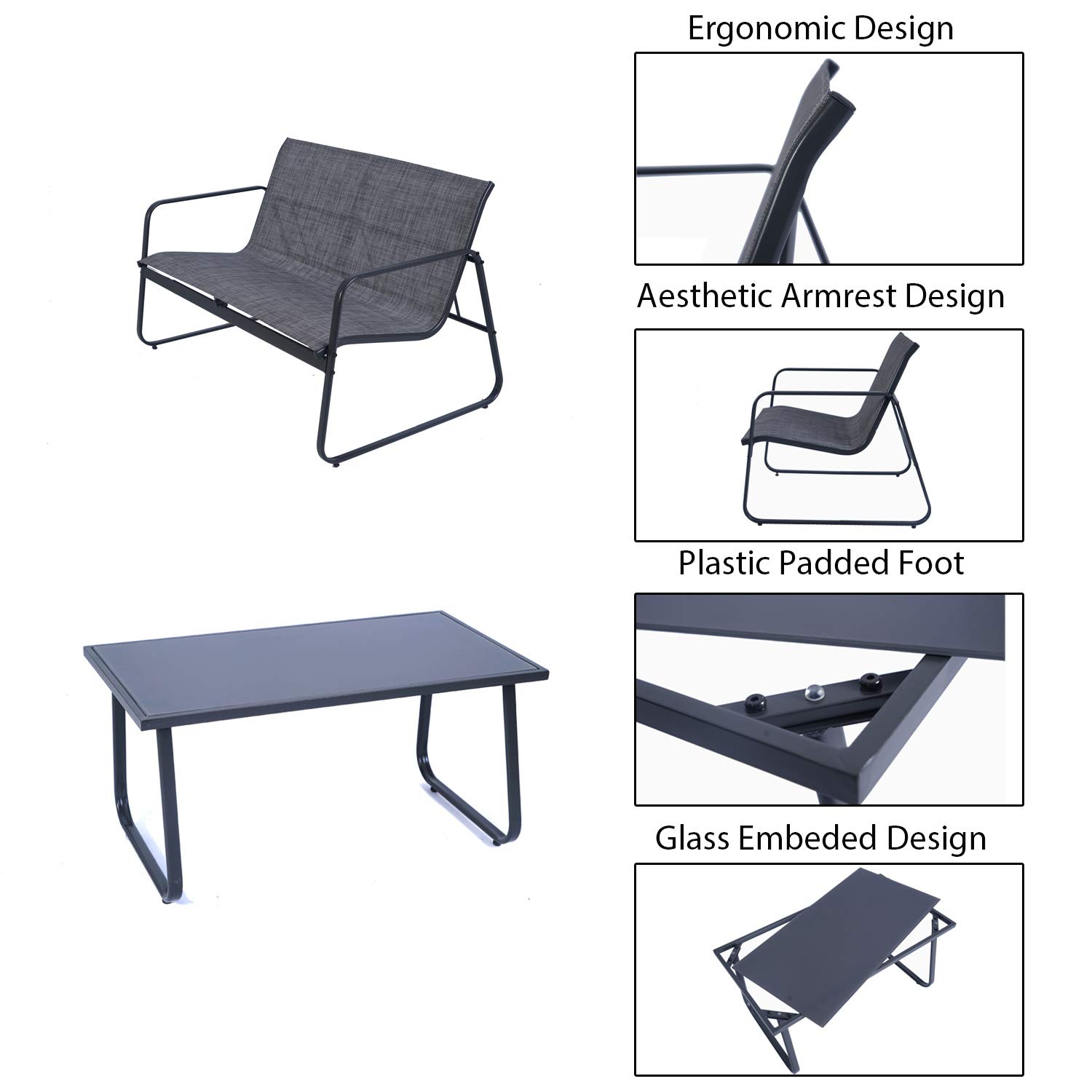 Kozyard Sofia 4 Pieces Outdoor Patio Furniture Conversation Set with Strong Powder Coated Metal Frame, One Love Seat, Two Single Chairs and One Table for Front Porch Balcony Backyad (Gray)