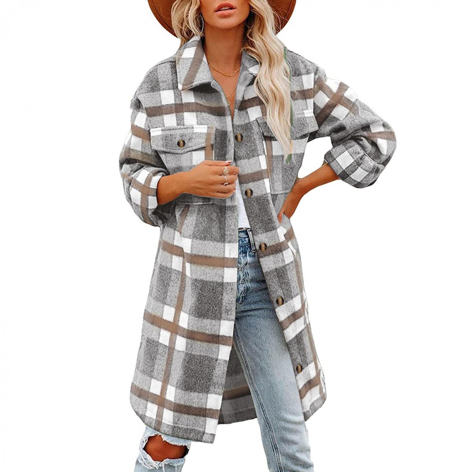 Mingleigo Womens Winter Coats Women's Plaid Brushed Shirt Jacket Flannel Shacket Button Loose Thickened Coat Plaid Shacket Womens-H8, X3-gray