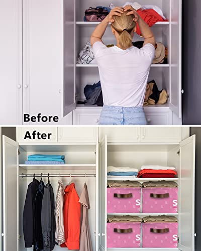 Pink Ribbon Storage Baskets for Organizing, Breast Cancer Awareness Women Bow Fabric Storage Bins for Shelf, Collapsible Cube Bin with Handles for Closet(15''x11''x9.5'')