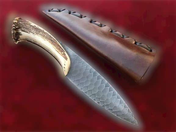 PSK206 - Antler Engraved Hunting Knife | Custom Handmade D2 Steel Knife | Leather Sheath