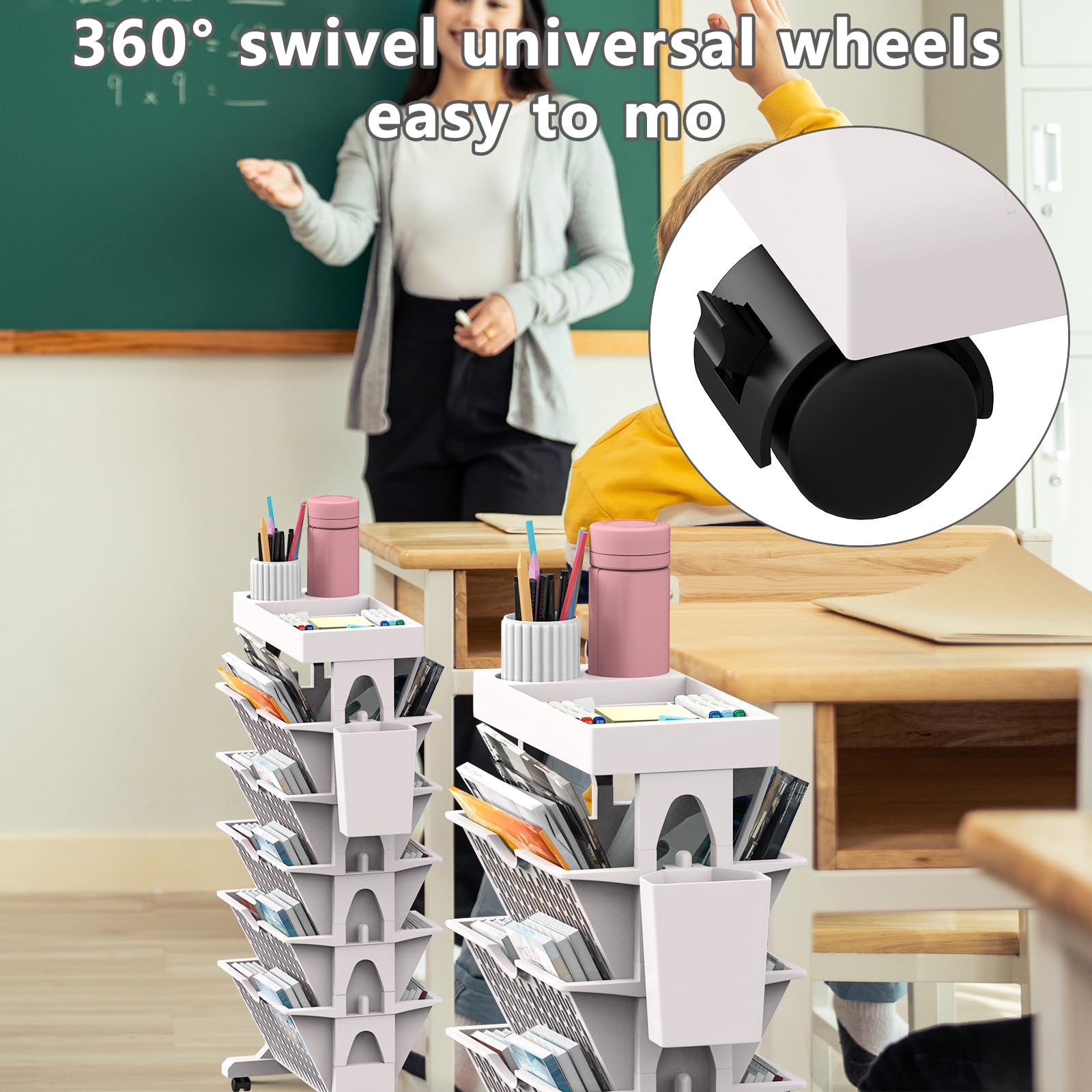 NIRIAHO 6 Tier Mobile Bookshelf, Rolling Cart Multi-Functional Movable Storage Book Shelves, Utility Cart Office Organizer White Bookshelves with Lockable Casters for Office, Dorm, Classroom