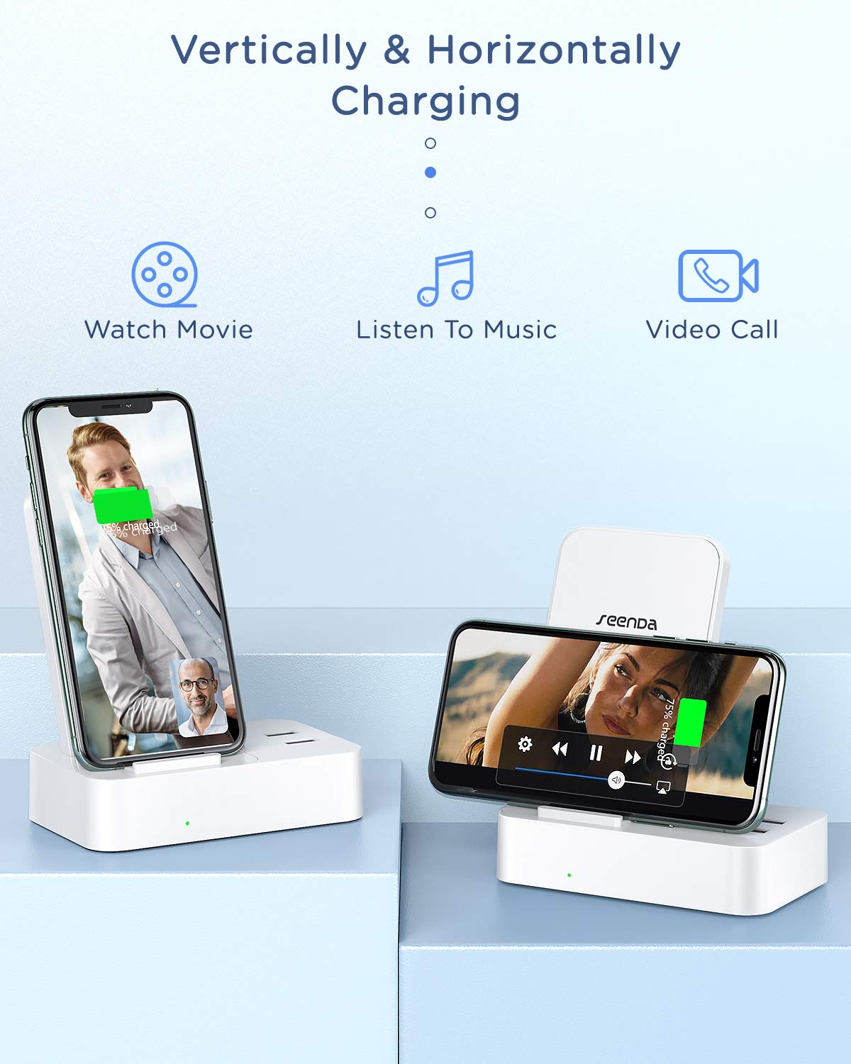 seenda Wireless Charger with 2 USB Ports - 3 in 1 Multi-Device Wireless Charging Stand Station Built-in AC Adapter, Compatible with iPhone SE2020, 11, XS Max, XR, X, 8 Plus, Galaxy, Note (White)