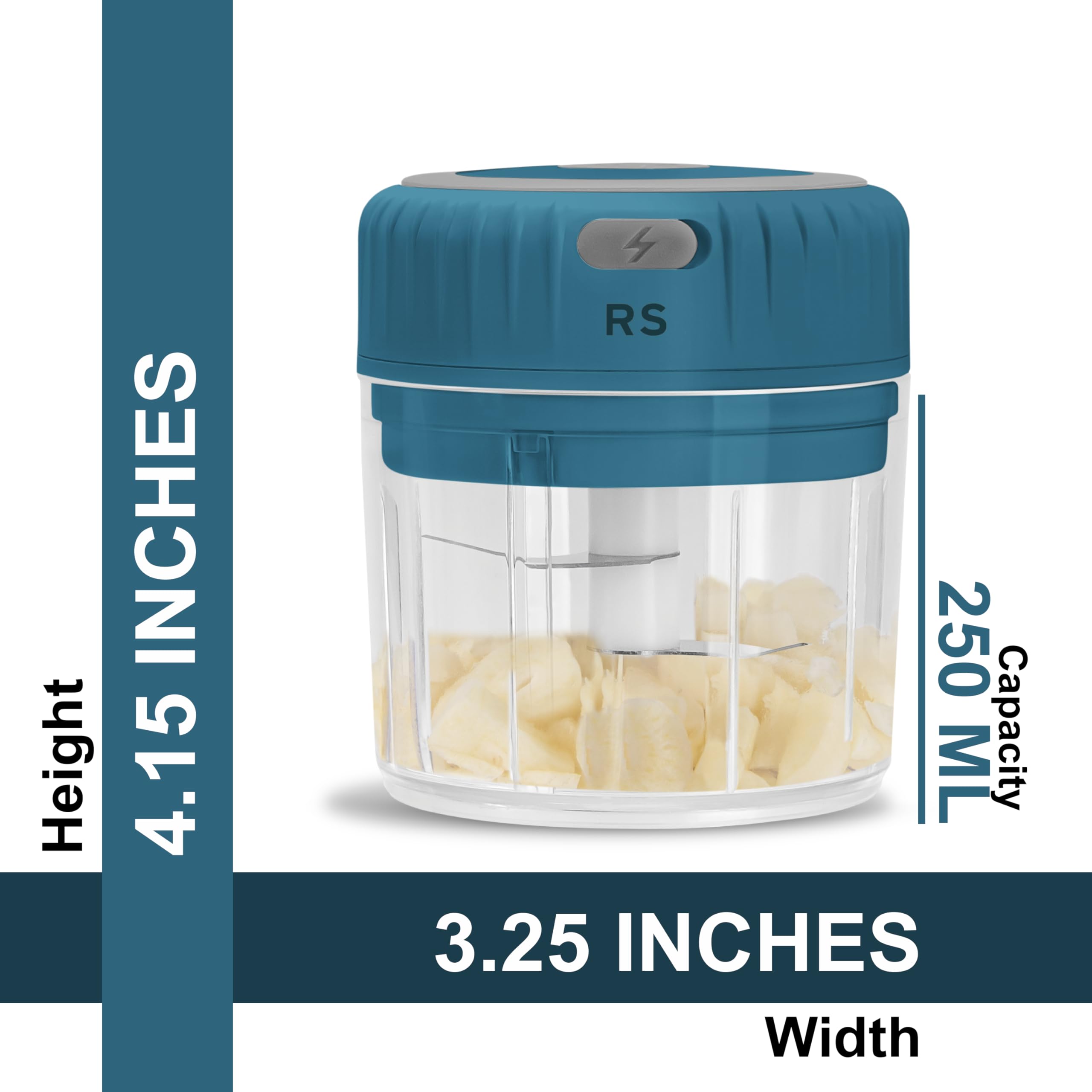 Real Simple Electric Mini Food Processor | Great for Garlic, Onion, Ginger, JalapeƱo, Mini Chopper for Quick Food Prep Station | Portable USB Charging, 250 ML Food Container | Blue