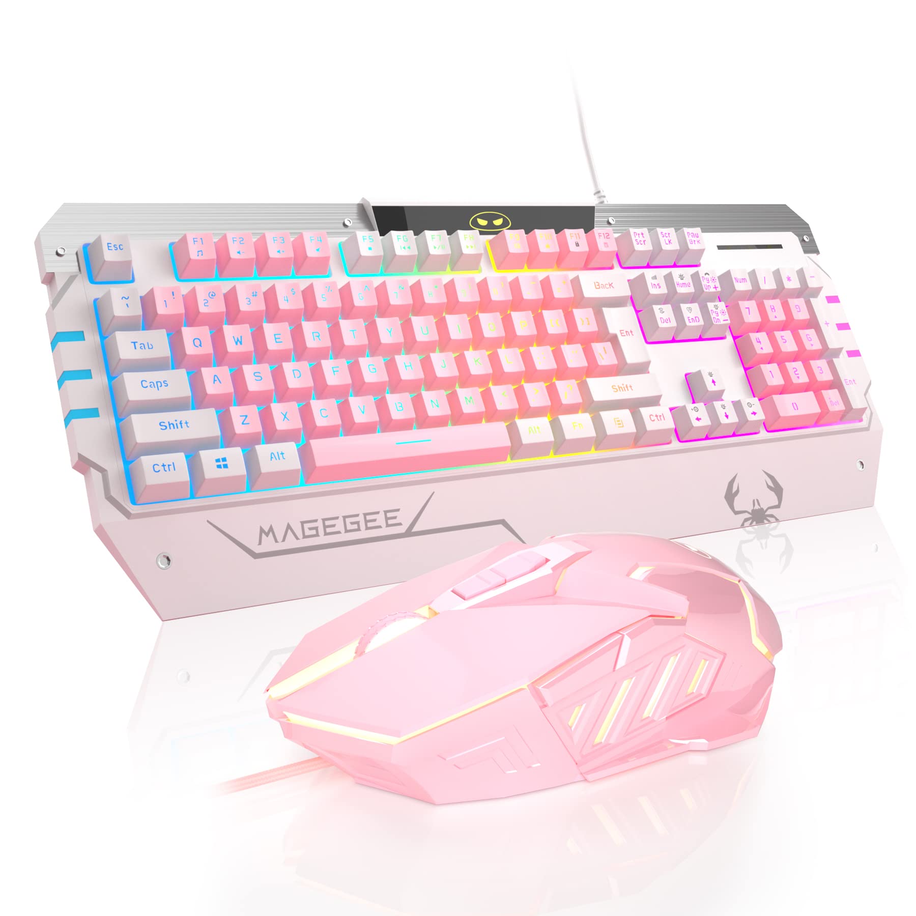 Pink Wired Gaming Keyboard Mouse Combo, Keyboard RGB Rainbow Backlit 104 Keys USB Ergonomic with Wrist Rest Keyboard with 4800 DPI Mouse for PC Gamer (White & Pink)
