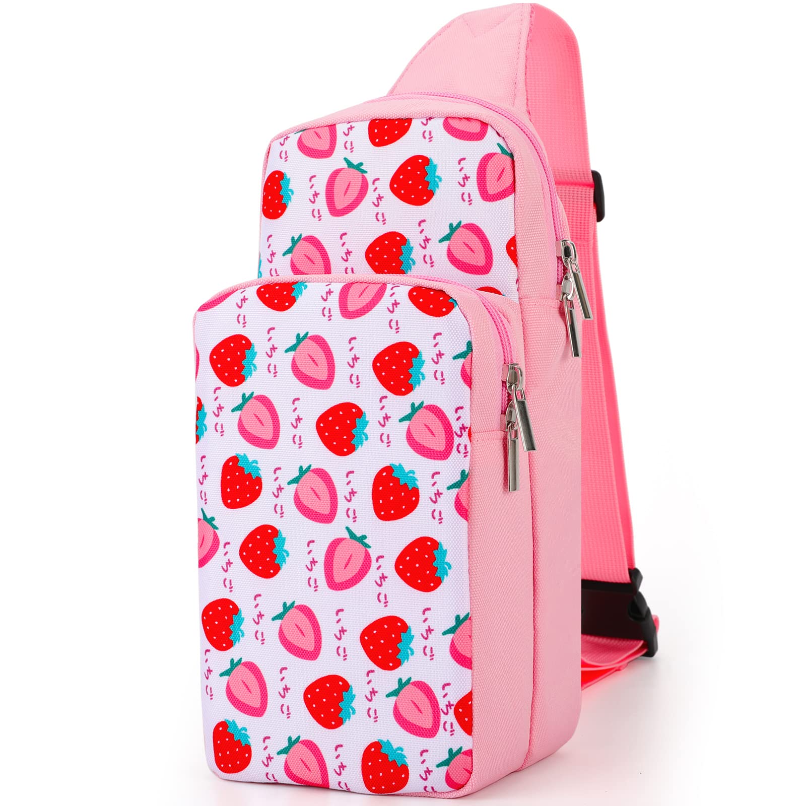 Owngen Cute Travel Bag for Nintendo Switch/ Lite / OLED, Portable Small Pink Strawberry Shoulder Carrying Storage Backpack for NS Consolo, Charging Dock, Joy-Cons, Accessories for Women Grils