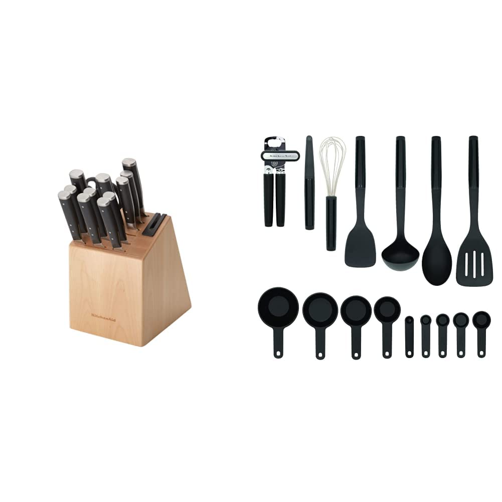 KitchenAid Gourmet 14-Piece Forged Triple Rivet Block Set with Built-in Knife Sharpener, Natural & Universal Tool and Gadget Set, 16 Piece, Black