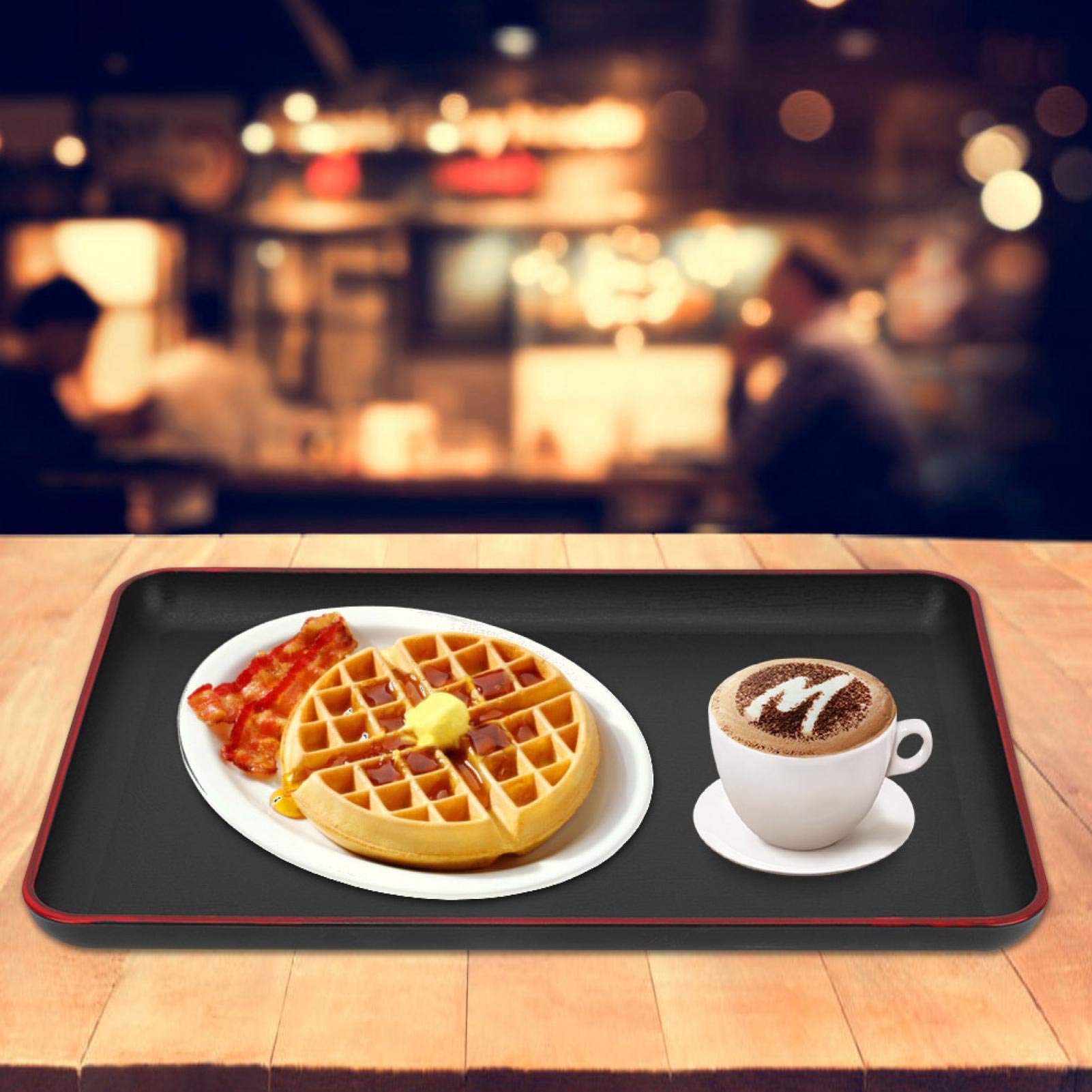 Rectangle Serving Tray,Tea Serving Tray, Bent Ply Tray,Fast Food Cafeteria Tray,Non-Slip Multi-Purpose Plastic Cafeteria Tray for Coffee Table, Kitchen, Parties,Black&Red (11.8 * 7.9 in)
