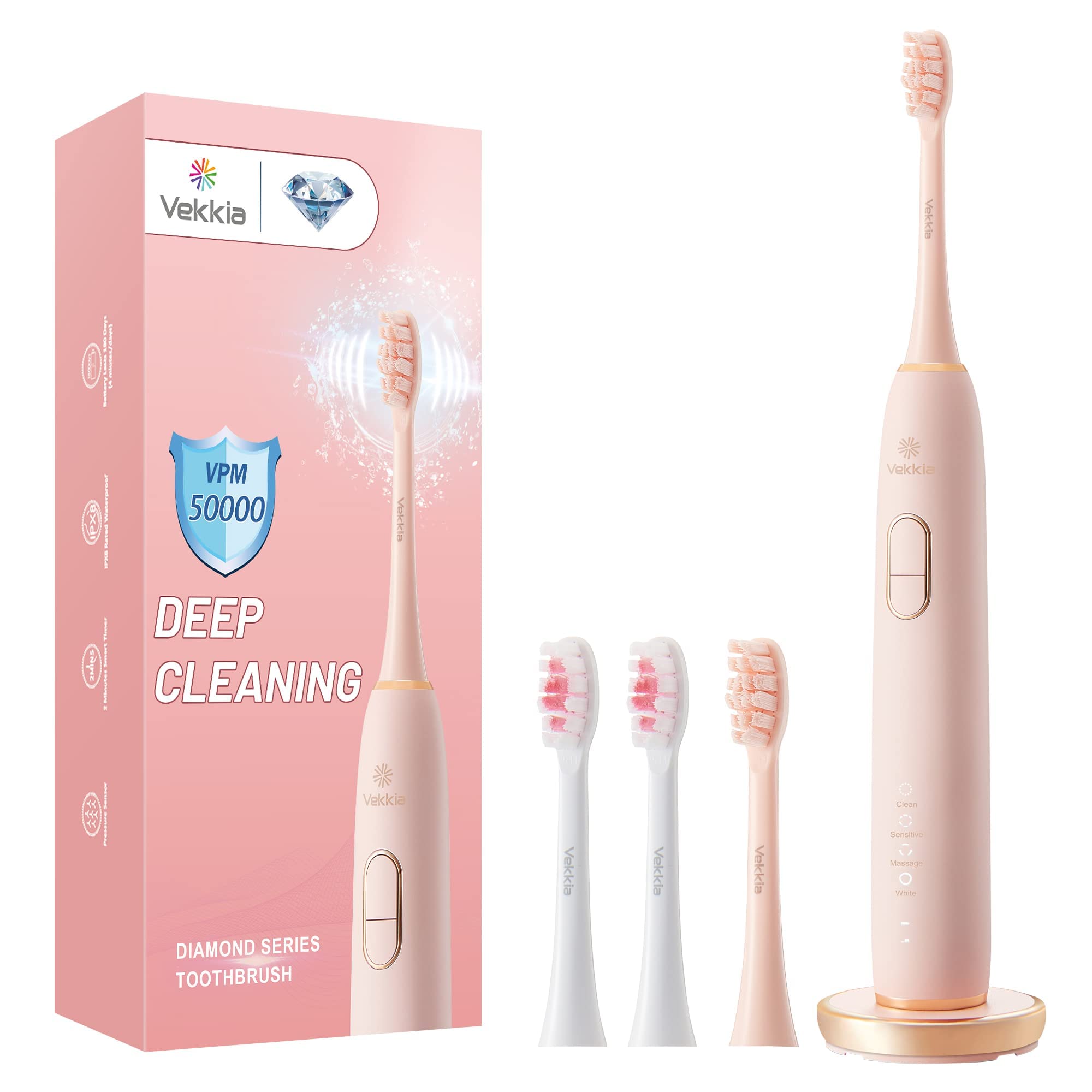 Vekkia Electric Toothbrush and Replacement Heads, Buy a Toothbrush, get 4 More Toothbrush Replacement Heads (Pink Diamond)