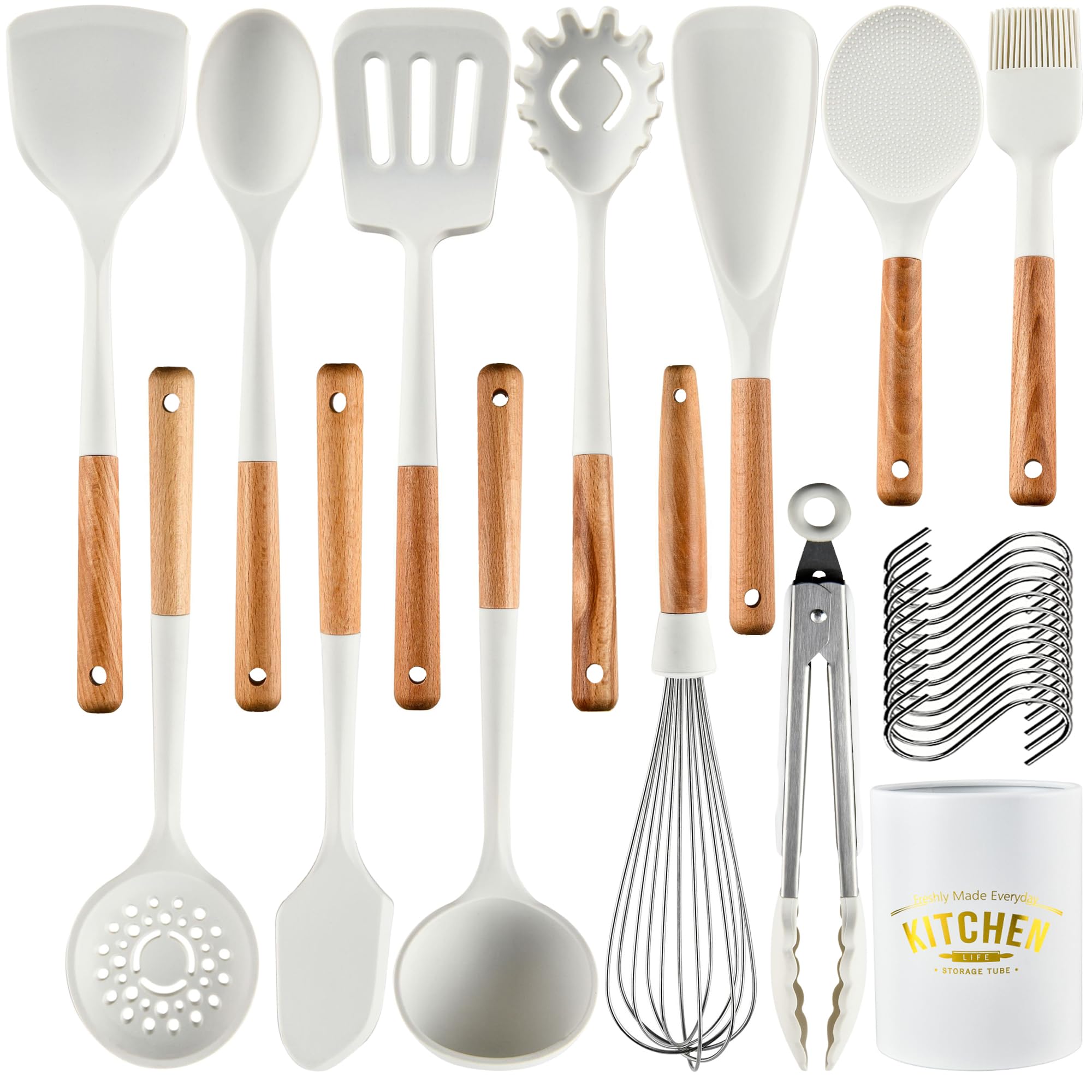Keidason Kitchen Cooking Utensils Set, 13 Piece Wooden Handle Silicone Cookware Set with Stand,Nonstick Heat Resistant Silicone Tool Set - Morandi Blue( BPA Free)