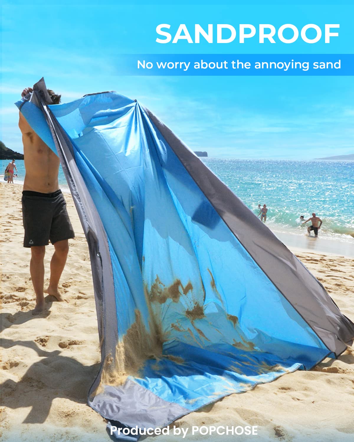 POPCHOSE Beach Blanket, Sandfree Beach Mat 108"x85.2"/83"x78" for 7 Persons, Extra Large Beach Blanket Waterproof Sandproof with 6 Stakes, Easy to Clean, Lightweight Compact Beach Accessories