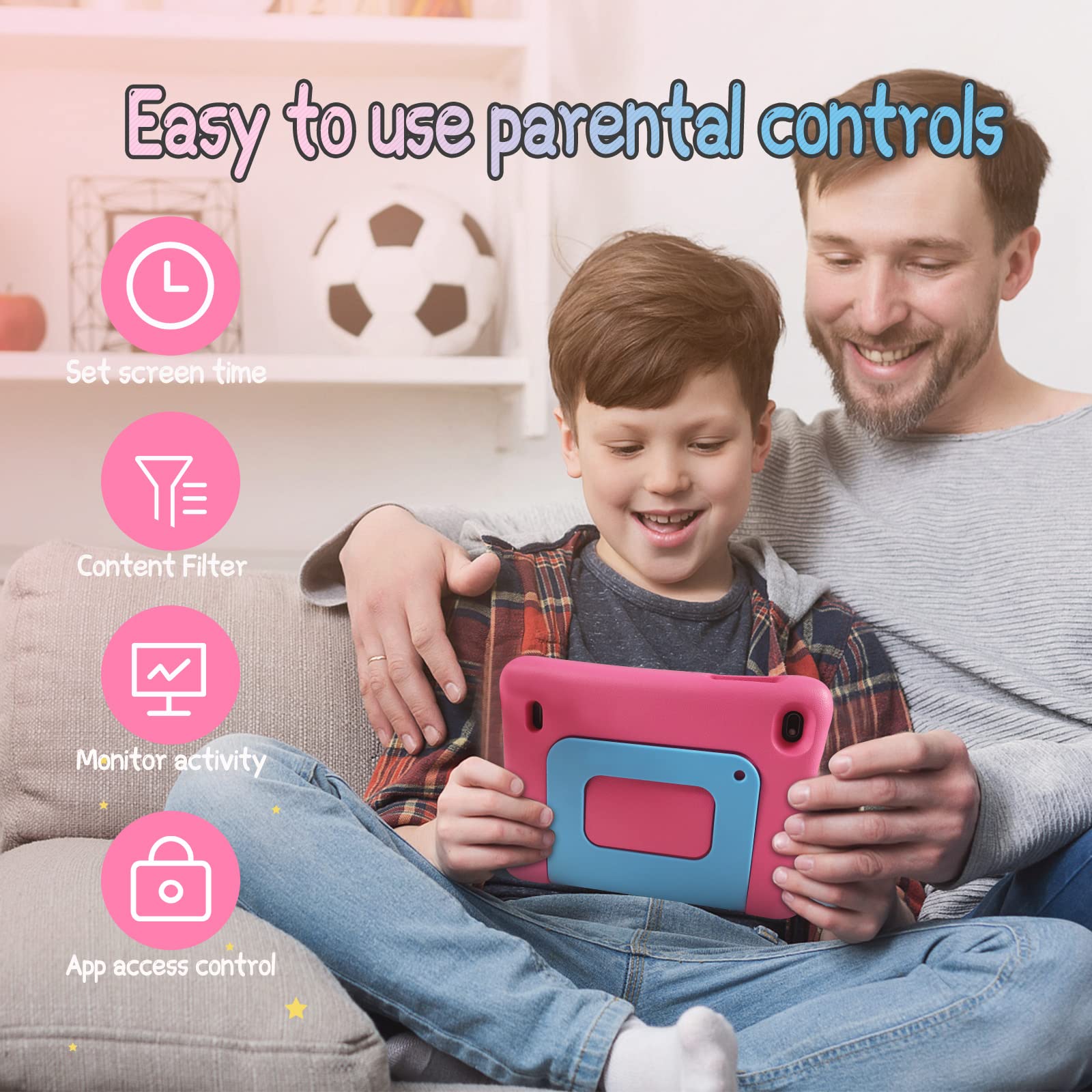 KYASTER Kids Tablet, Toddler Tablets,7 inch 5G WiFi 6 Android 12, Full HD 1920x1200 IPS Screen, 2GB RAM 32GB ROM,Parental Controls for Learning Gaming,EVA Kids-Proof Case with Stylus