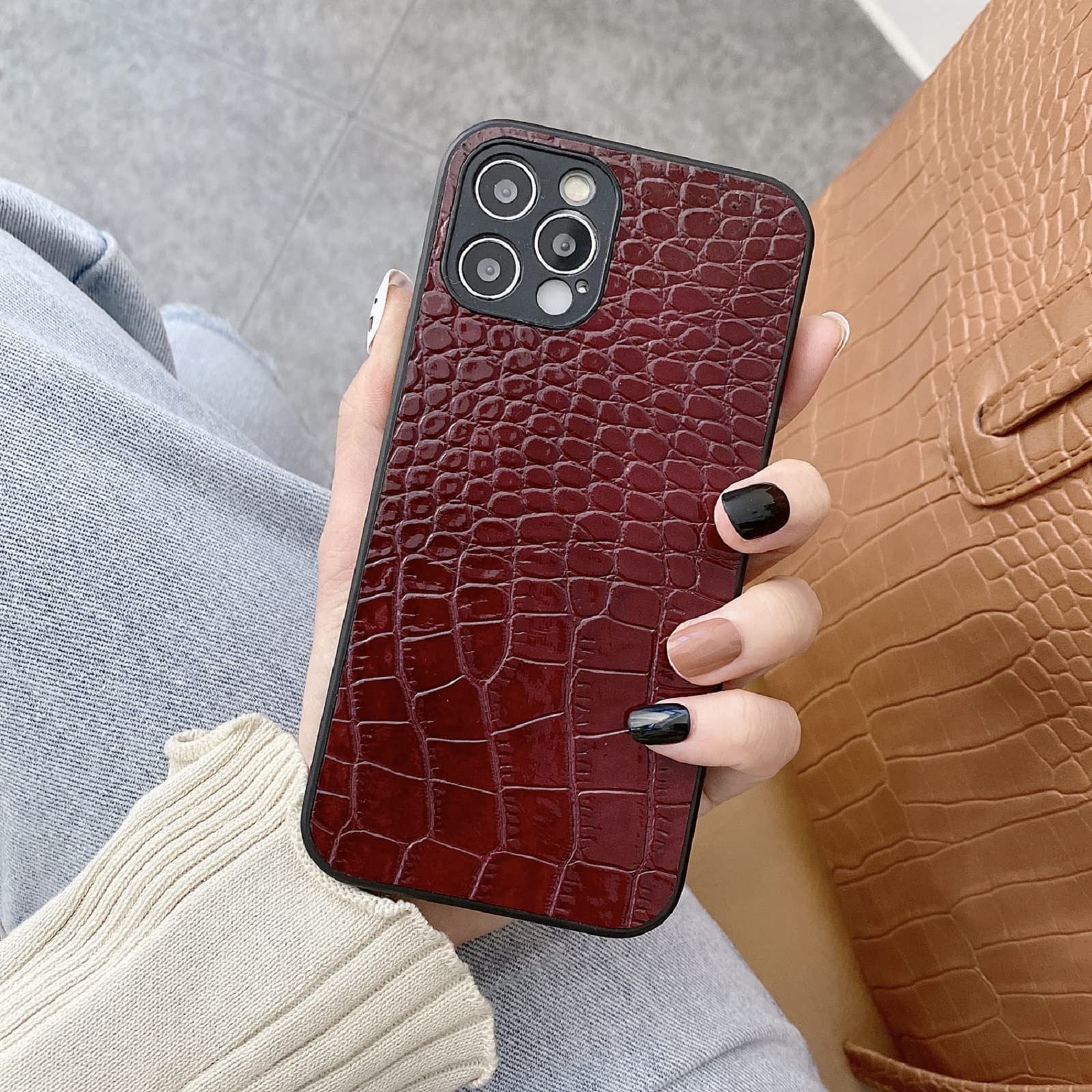 KELUOAS iPhone 12 Pro Max Case for Women,Crocodile Synthetic Patent Leather Cover, Classic Fashion Case-Wine Red