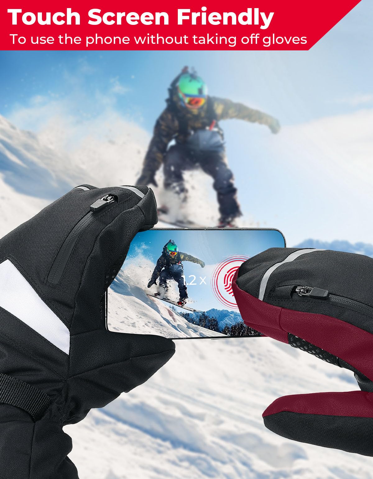KEMIMOTO Heated Mittens for Men Women Rechargeable, Ski Mittens Gloves Electric 2PCs Battery with Touchscreen Waterproof Hand Warmer for Winter Skiing Snowboarding Hiking Climbing Camping, Size L