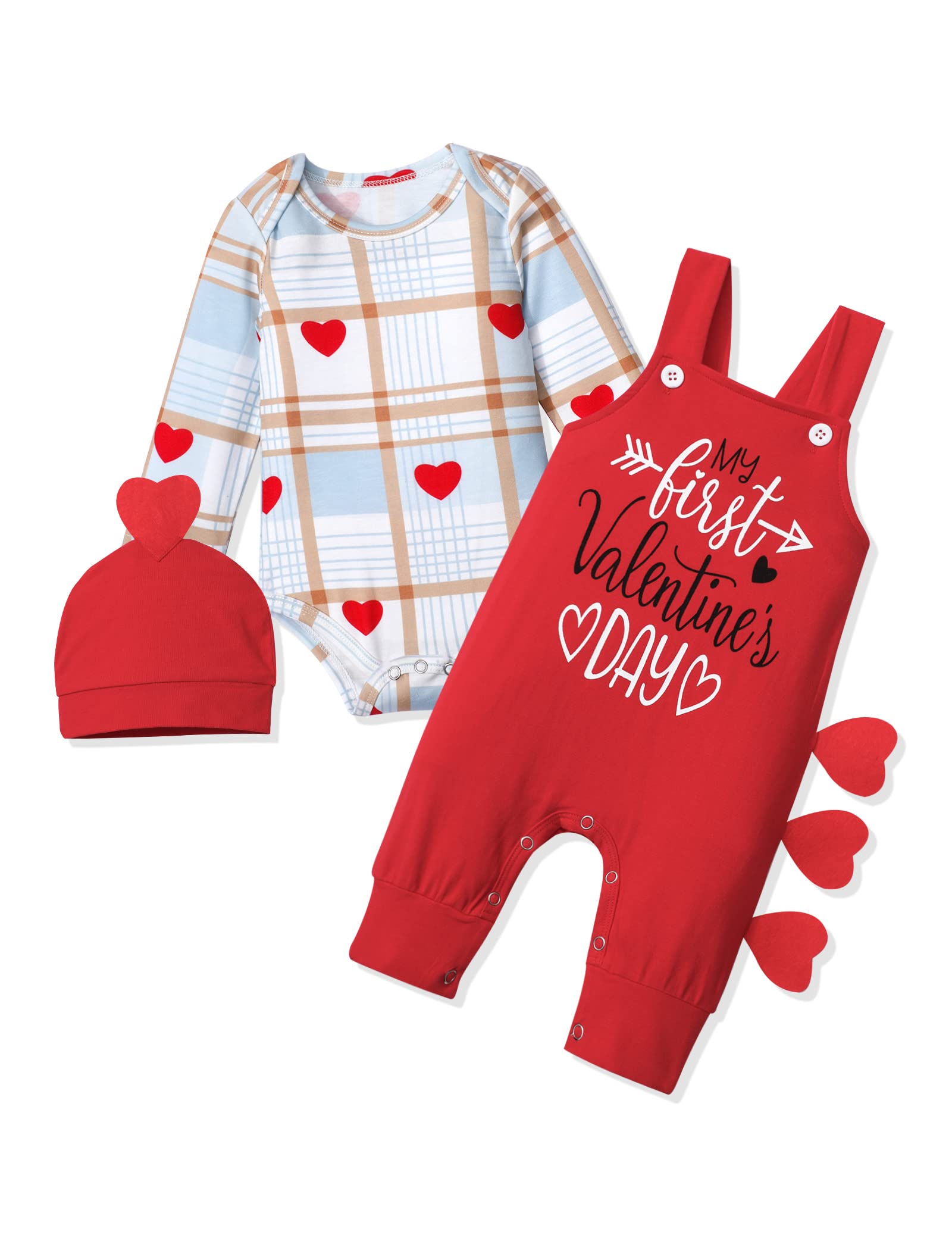 Tomolant toddler boy valentines day outfit love pattern plaid long sleeve romper +red jumpsuit +hat 3PCS valentines boy outfit