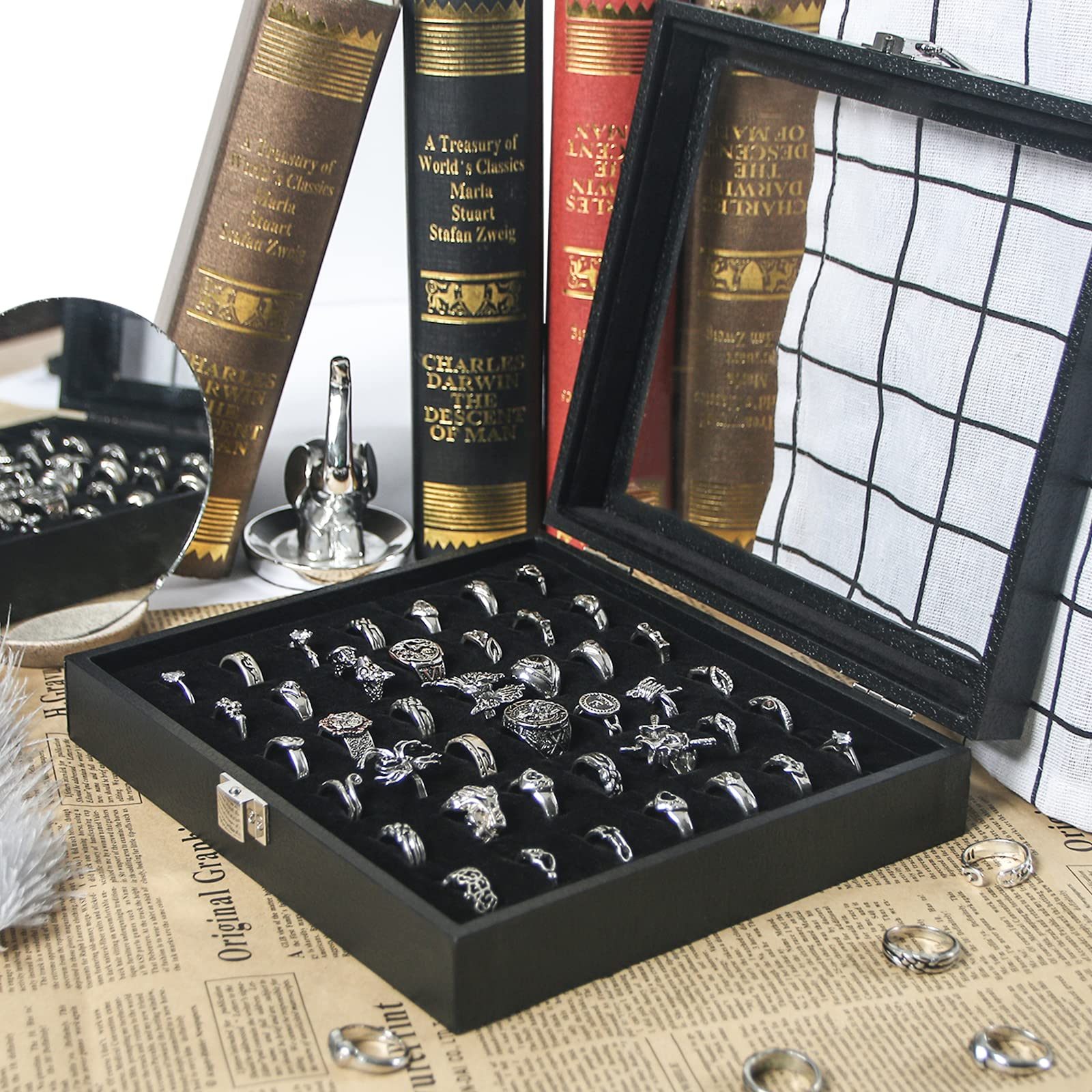 Pangkeep 42 Slots Ring Organizer Display Case,Black Jewelry Storage Tray Boxes for Multiple Rings,Glass Lid,Stackable.