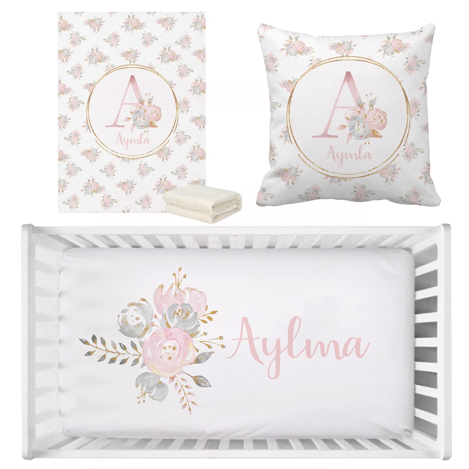 UOOPOO-US Personalized Baby Fitted Crib Sheet Set, Customized Blush Gold Floral Crib Bedding Set with Name, Baby Crib Bedding Set, Custom Pink Flower Nursery Crib Sheet Bedding Set