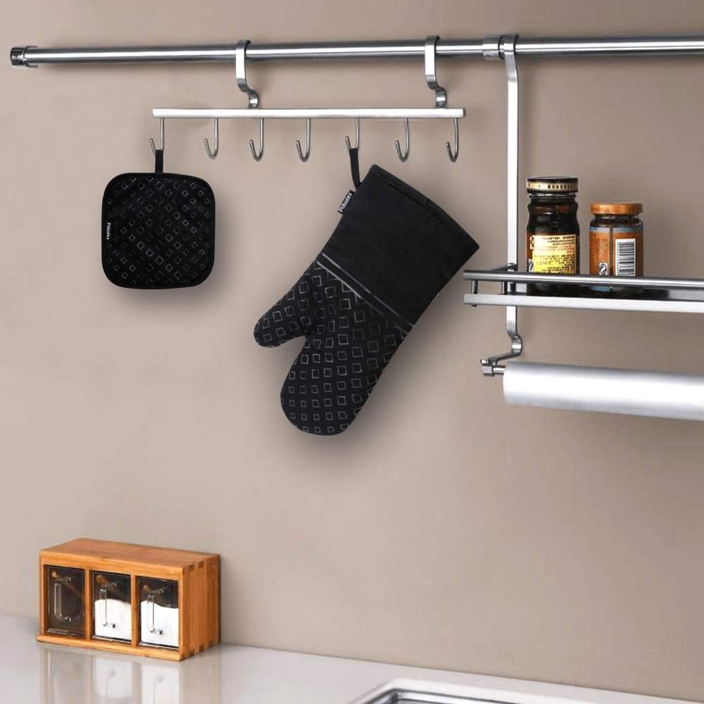 Piduules Set of 4 Oven Mitts and Pot Holders, 482 F Heat Resistant Hot Plate Moving Non-Slip Gloves for BBQ, Grill, Baking, Cooking, Oven, Microwave (Black)