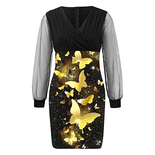 Pinkpaopao Floral Pattern Printed Mini Dress for Women Mesh Deep V Neck Long Sleeve High Waisted Wrap Dress Yellow