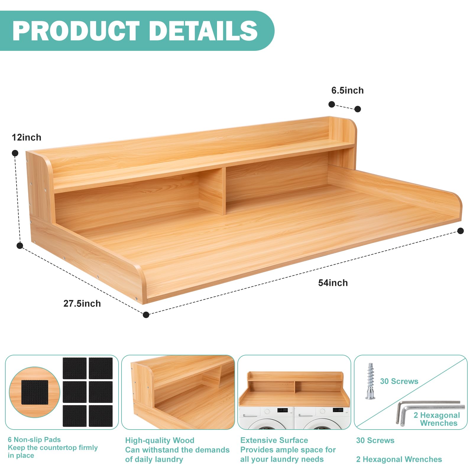 Yakucho Laundry Countertop with 2-Layer Shelves, Universal Front Load Washer and Dryer Countertop Kit with Storage Space, Solid Wood Countertop for Small Apartment Laundry Rooms Kitchens