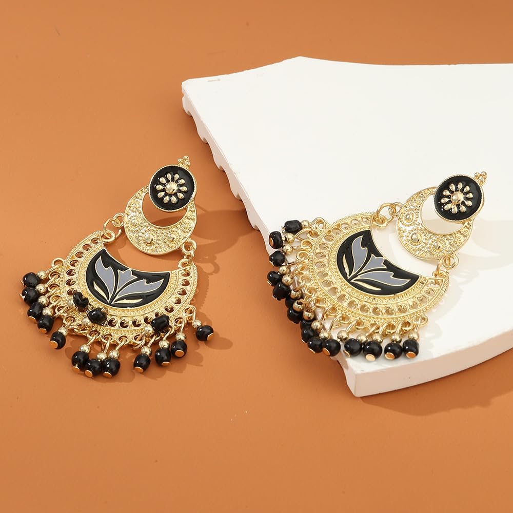Kenjudess Vintage Turquoise Beaded Tassel Chandelier Earrings Retro Gold Ethnic Long Moon Drop Dangle Hook Earrings Exotic Indian Belly Dance Accessories for Women (Black B)