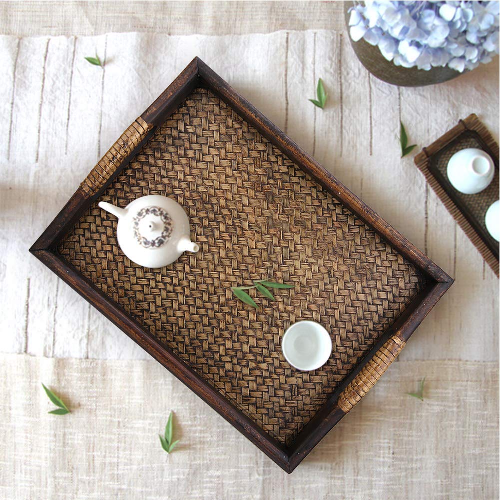 Multi-Purpose Serving Tray for Tea Set Rectangle Food Tray Serving Plate Vintage Rattan Wood Display Stand for Fruits Candies Food Home Parties Supply