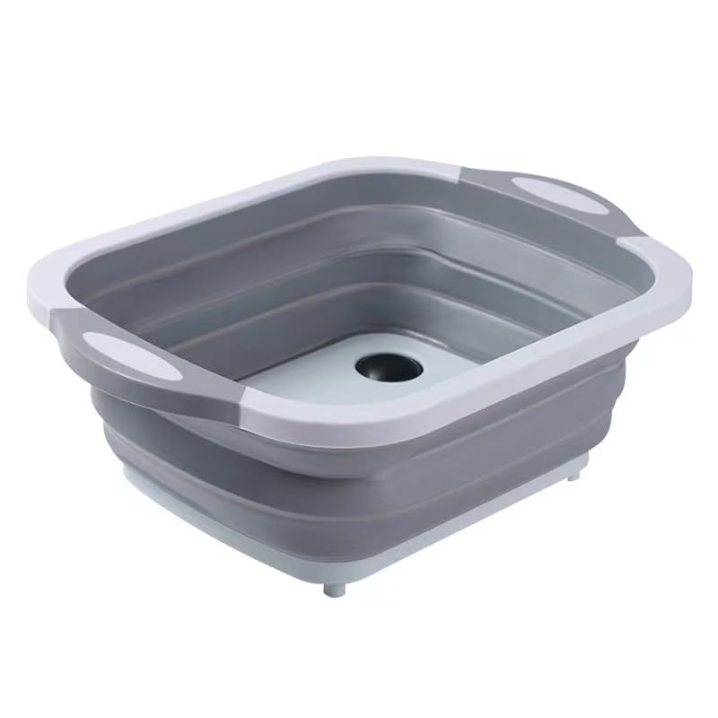 Saibor Collapsible Cutting Board with Dish Tub | Space Save, folding washing bowl Draining Basket,Colander with plug | Chopping and Slicing Board for Camping, Picnic,BBQ,Kitchen (Gray)