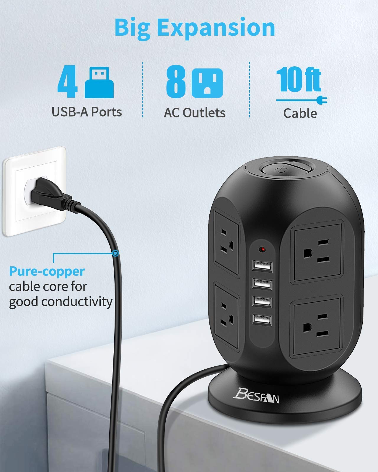 Surge Protection Power Strip Tower, BESFAN 10 FT Extension Cord with 8 AC Outlets and 4 USB Ports, Indoor Extension Cord with Overload Protection