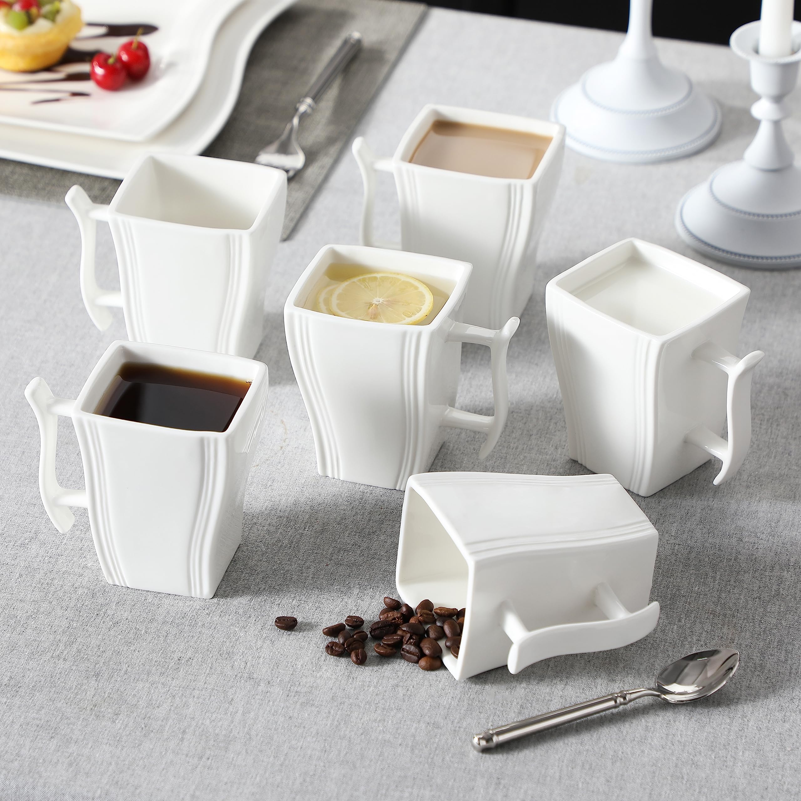 MALACASA Coffee Mugs, Porcelain Mug Set of 6, Square 11 oz White Coffee Cups with Handles for Man Woman, Modern Ceramic Mugs Set for Coffee, Latte, Cappuccino, Tea, Milk, Mocha, Cereal, Series FLORA